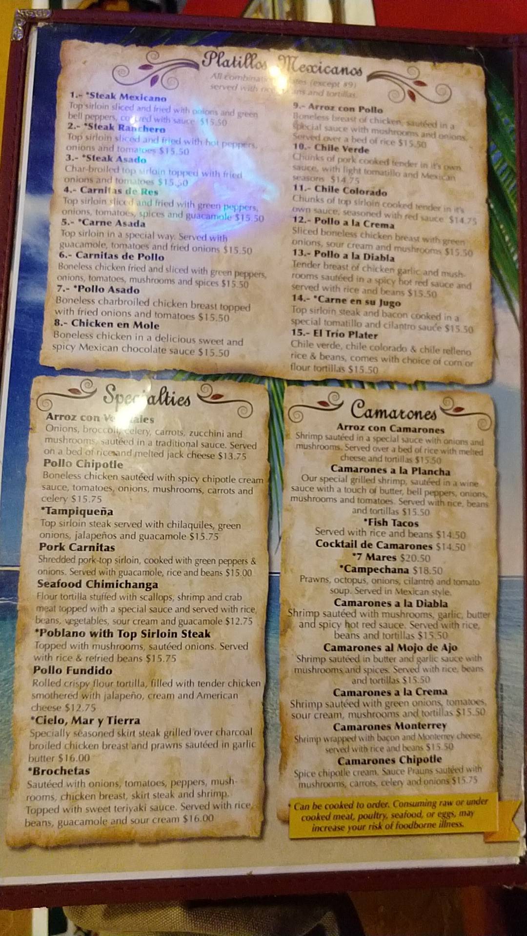 Menu at Ixtapa restaurant, Silverton
