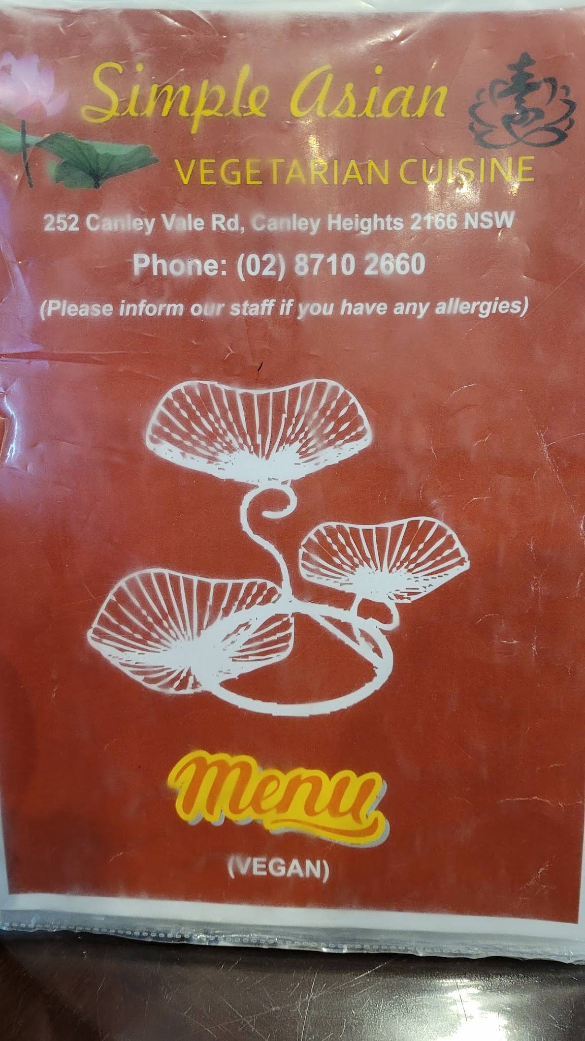Menu at Simple Asian Vegetarian Cuisine restaurant, Canley Heights