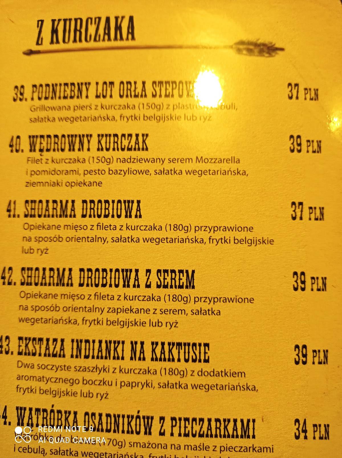 Menu at Sioux steakhouse, Kraków