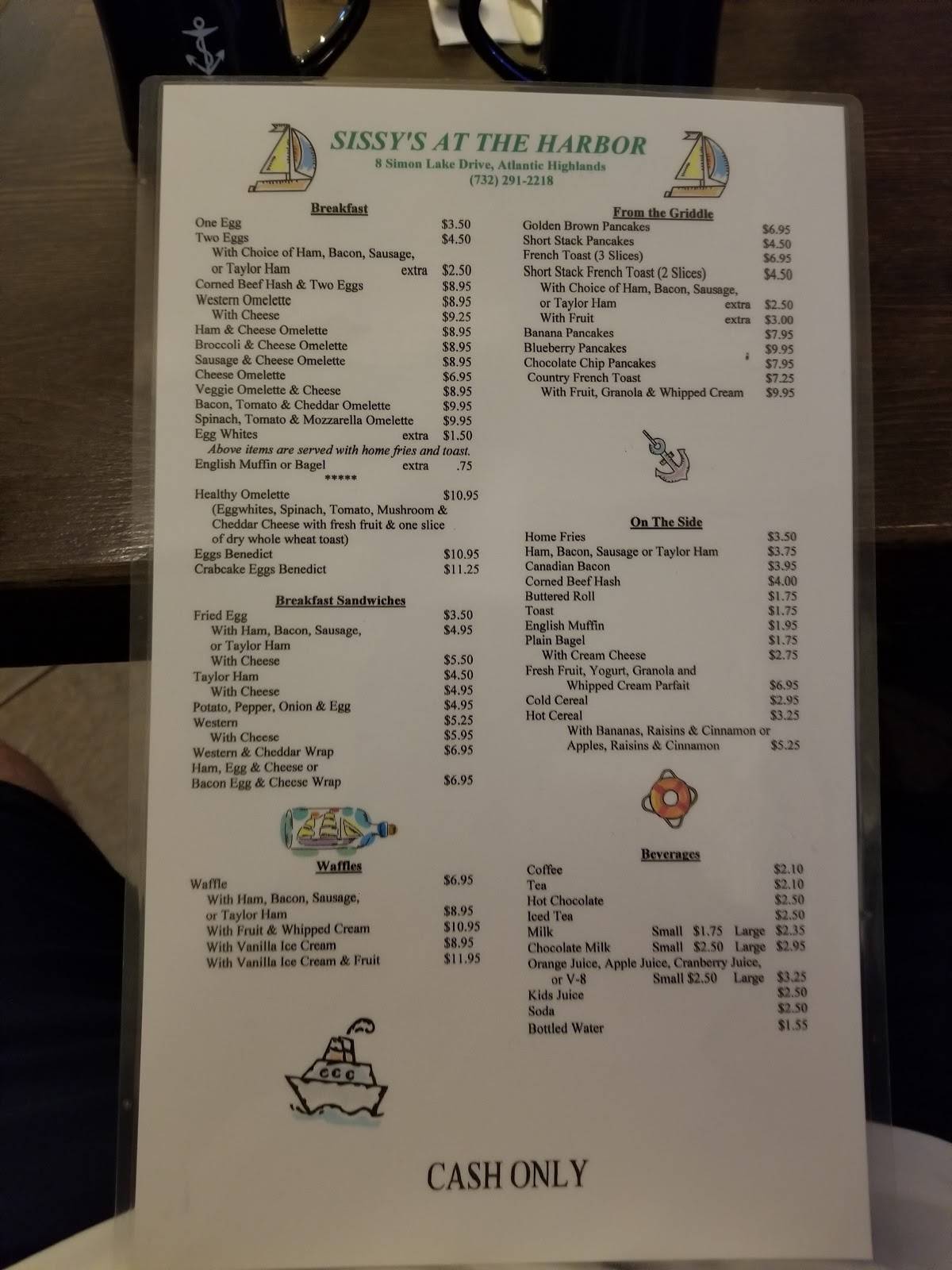 Menu at Sissy's At the Harbor restaurant, Atlantic Highlands