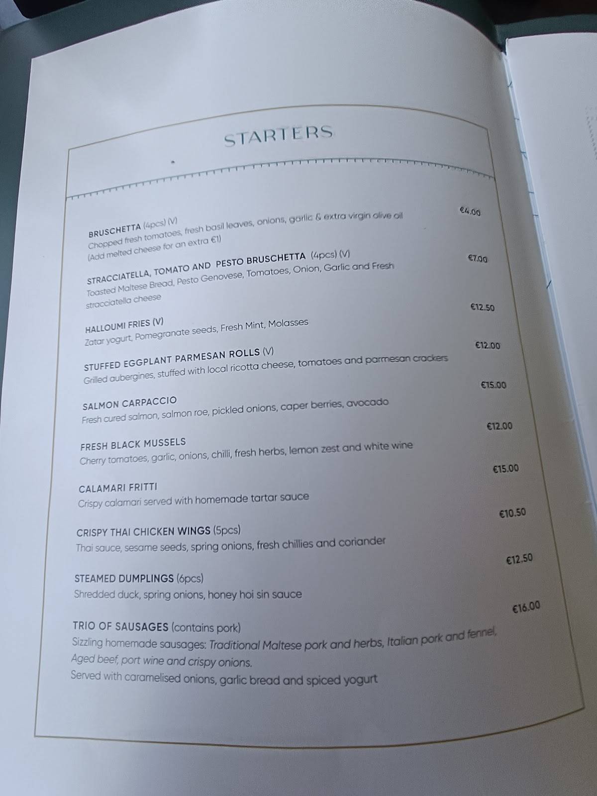Menu at Tiffany's Bistro restaurant, Sliema