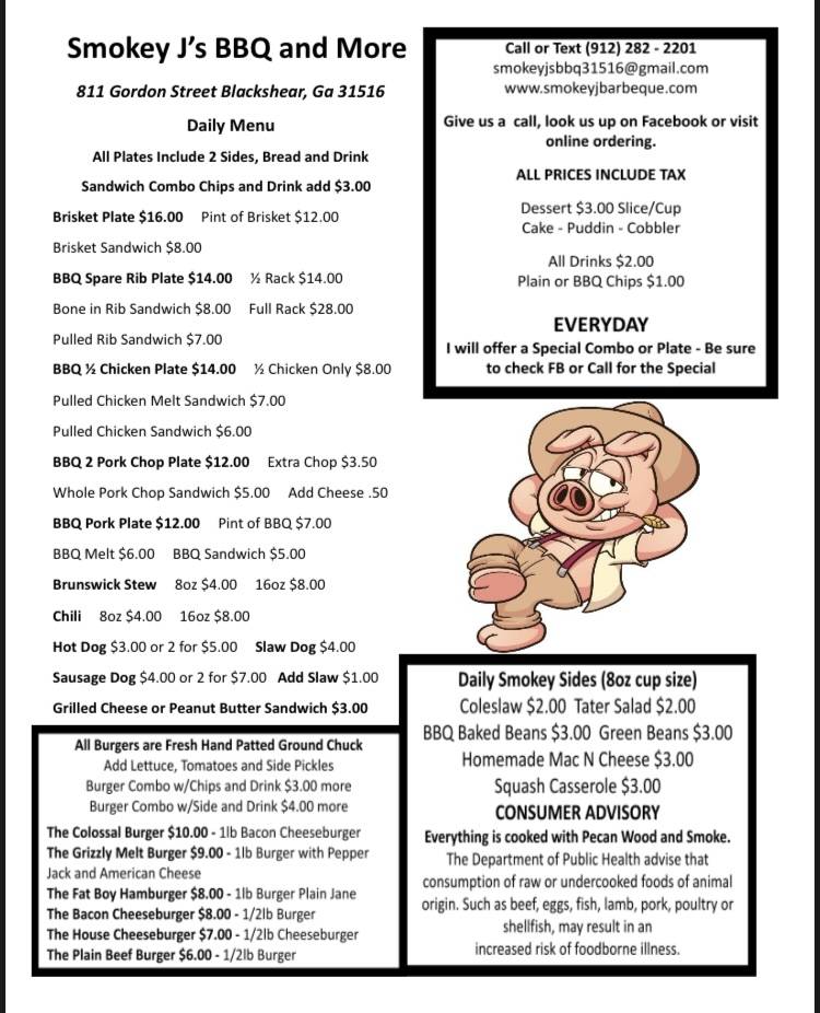 Menu at Smokey J’s BBQ, Blackshear