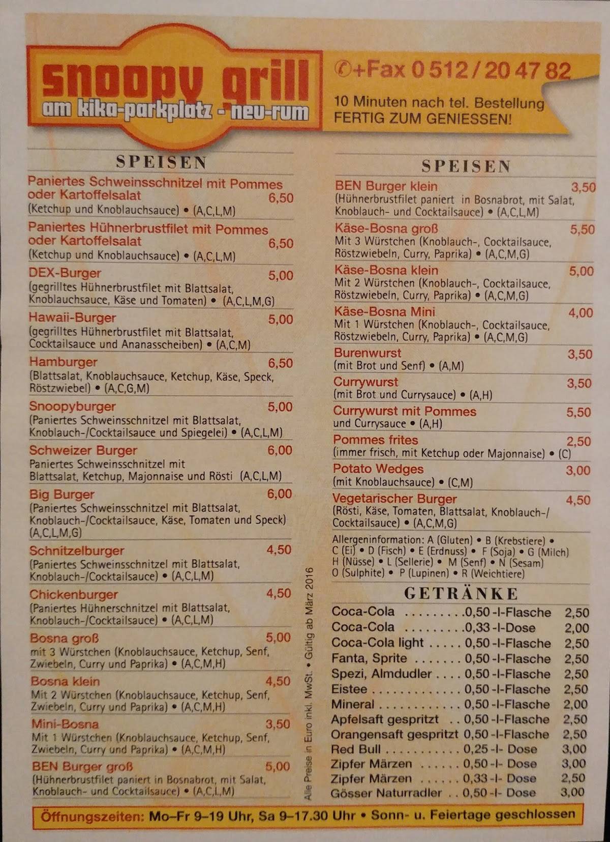 Speisekarte von Snoopy Grill fast Food, Rum