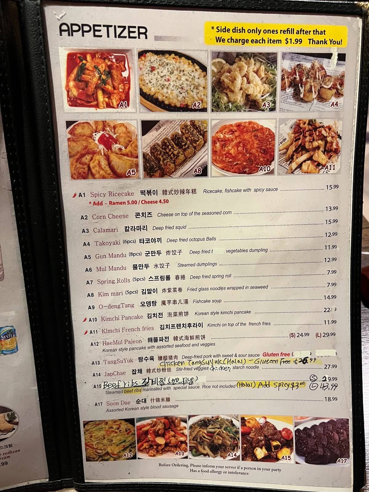 Menu at Song Cook's Korean Chili restaurant, Mississauga