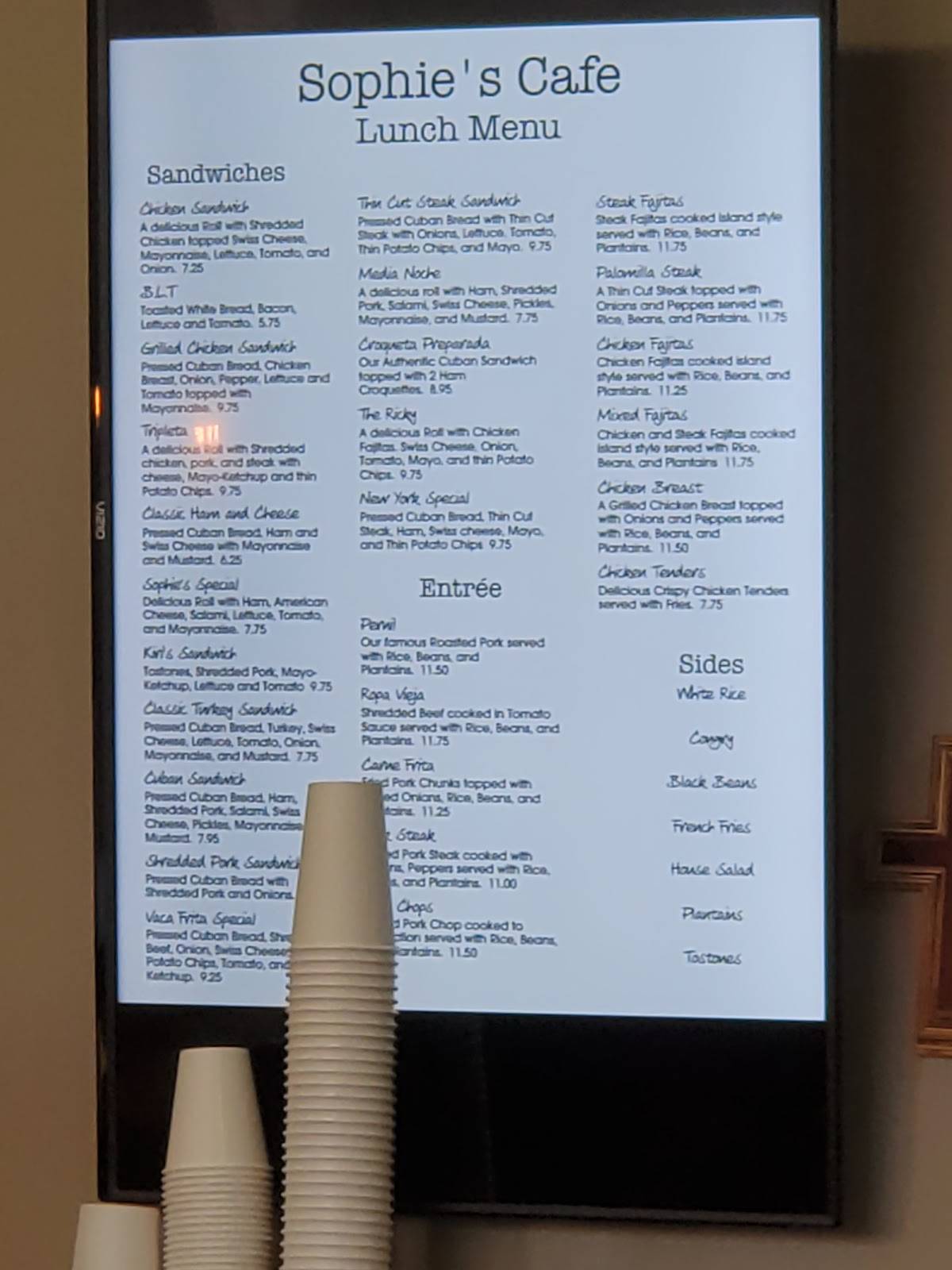 Menu at Sophie’s Cafe, Sebring
