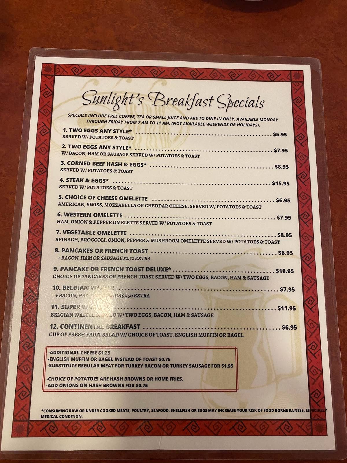 Menu at Sunlight Restaurant, South Saint Paul