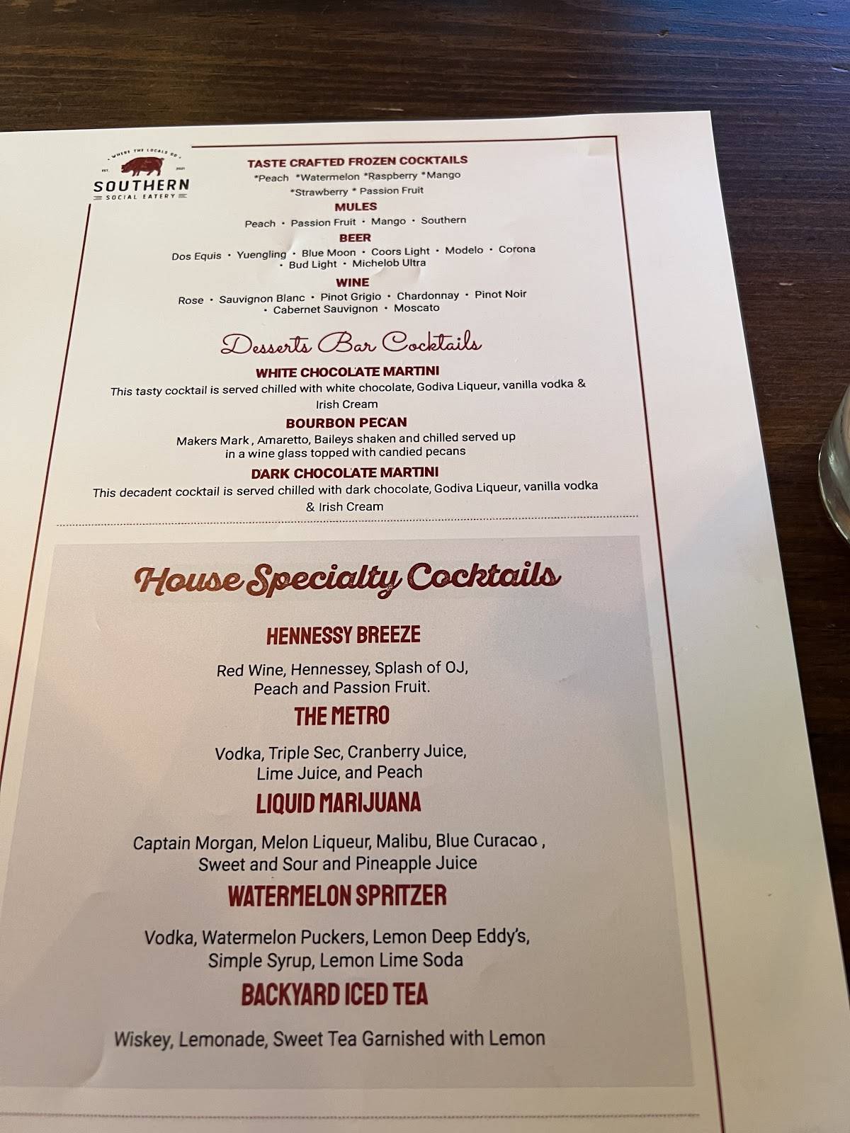 Menu at Southern Social Eatery restaurant, Forney