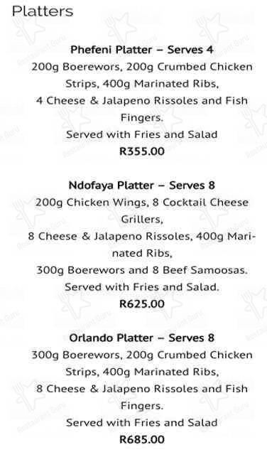 Menu at Sakhumzi Restaurant, Soweto