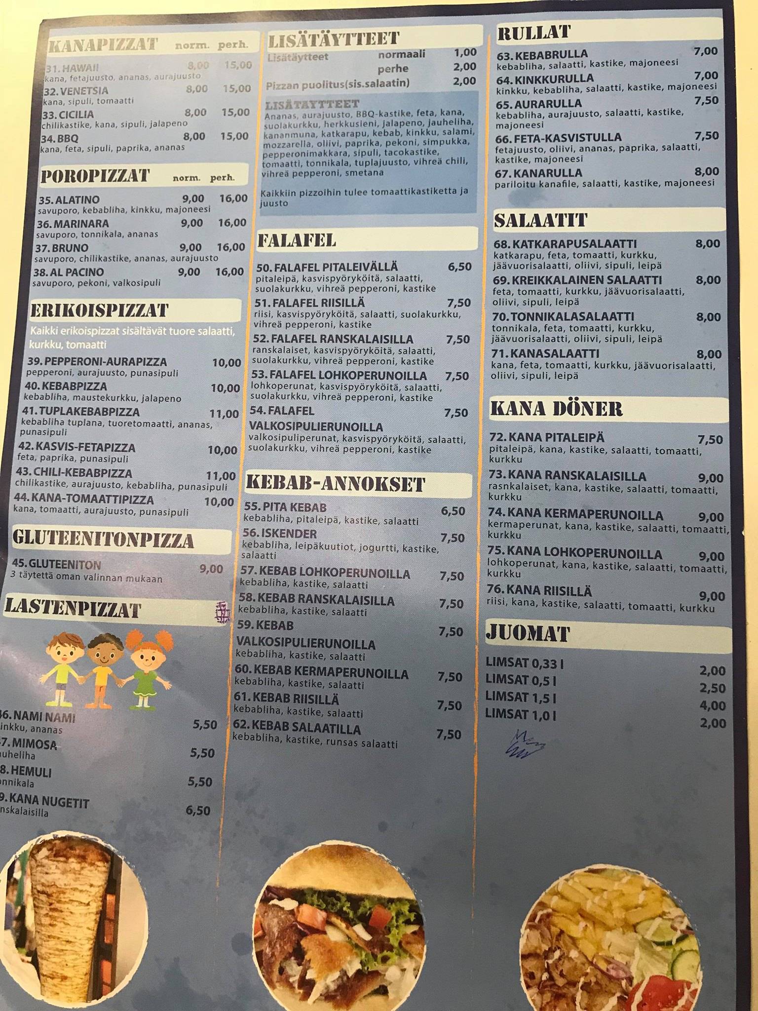 Menu at Sparta restaurant, Finland