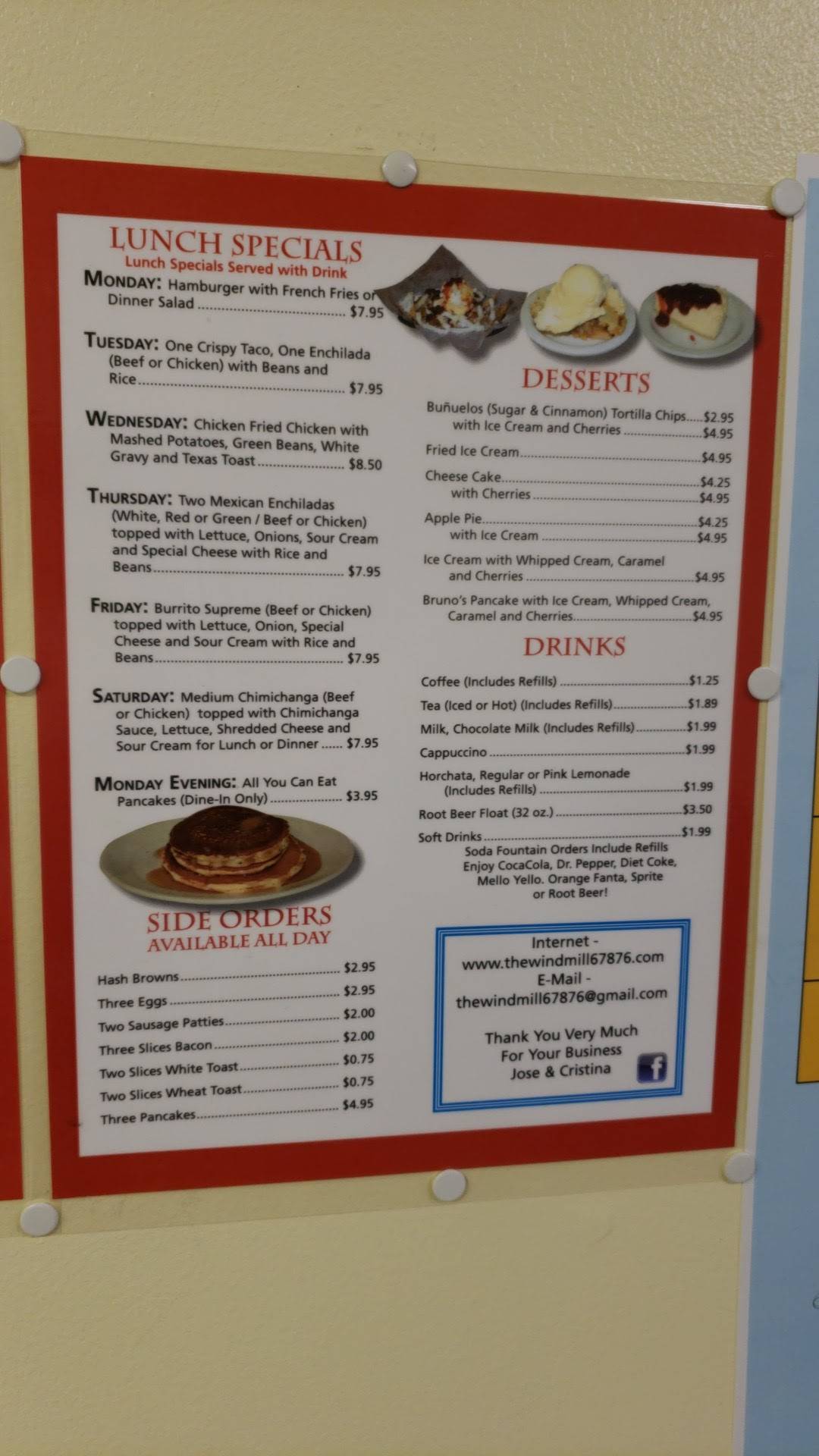 Menu at Windmill Restaurant, Spearville