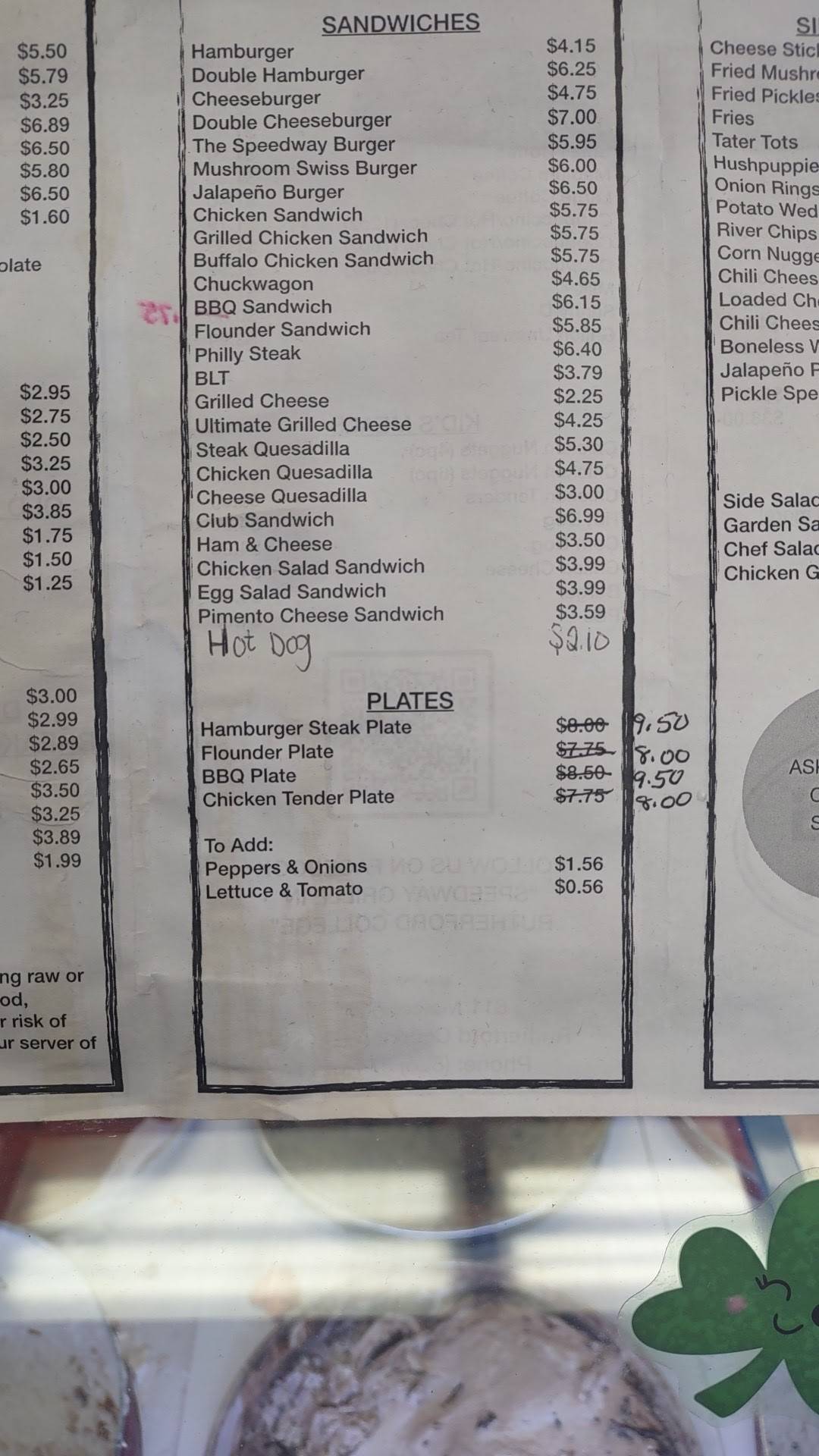 Menu at Speedway Cafe, Rutherford College, 611 Malcolm Blvd