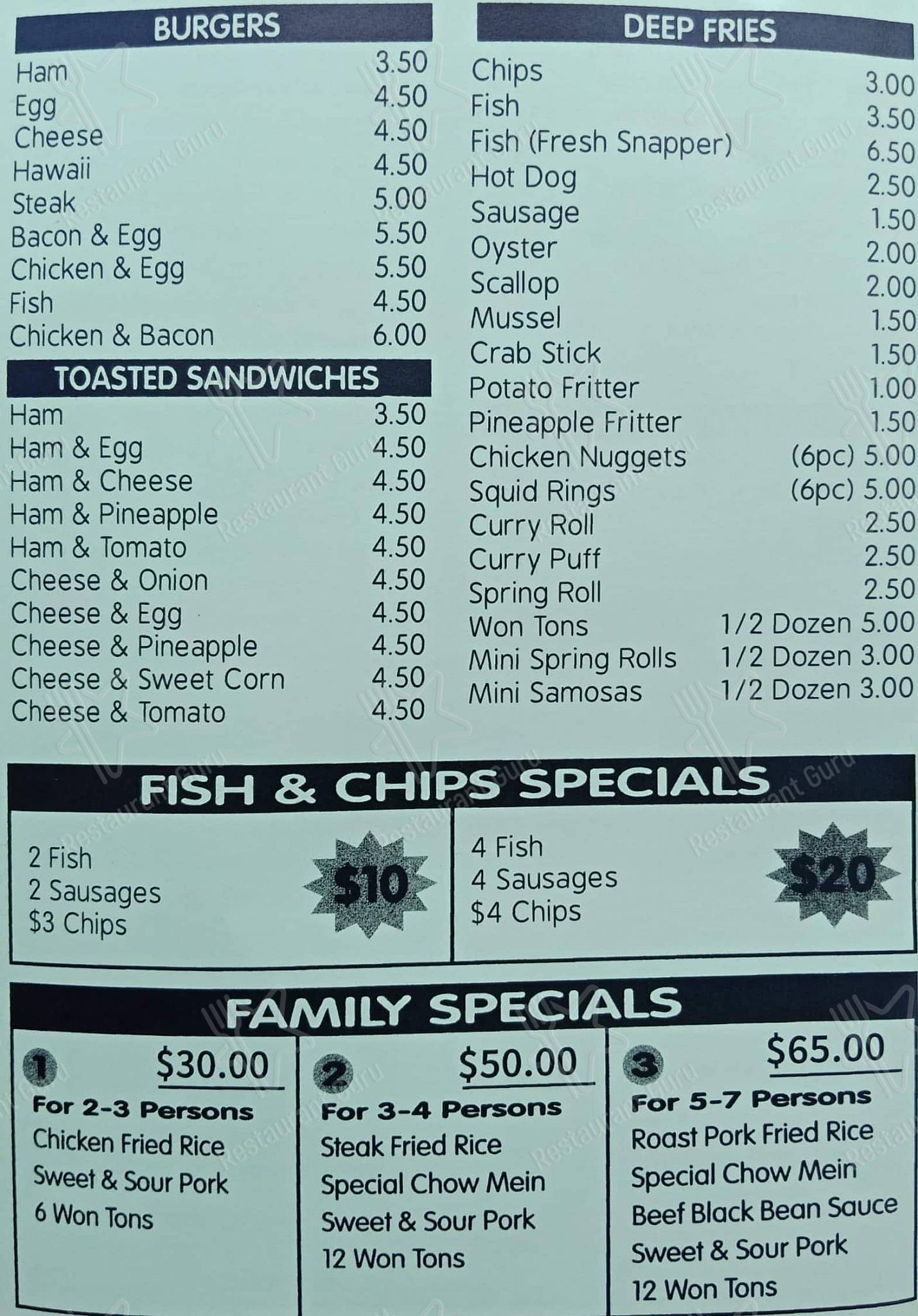 Menu at St Heliers Takeaway fast food, Auckland