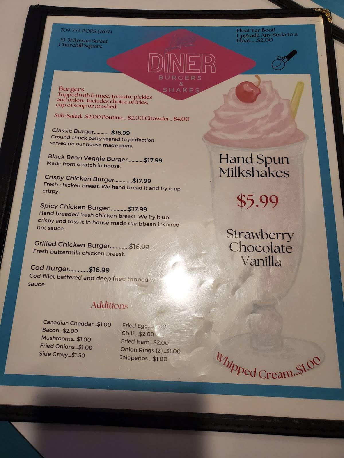 Menu at Pop’s Diner restaurant, St. John's