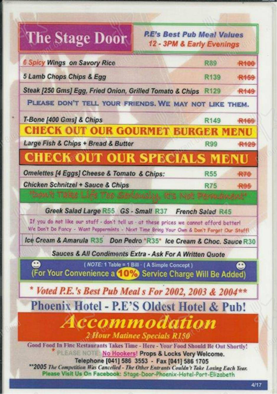 Menu au Stage Door restaurant, Port Elizabeth