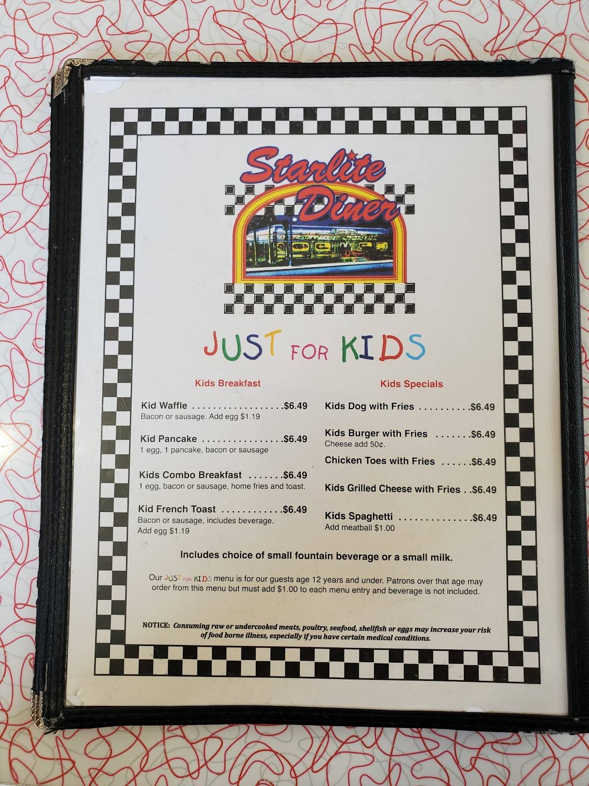 Menu at Starlite Diner restaurant, Daytona Beach