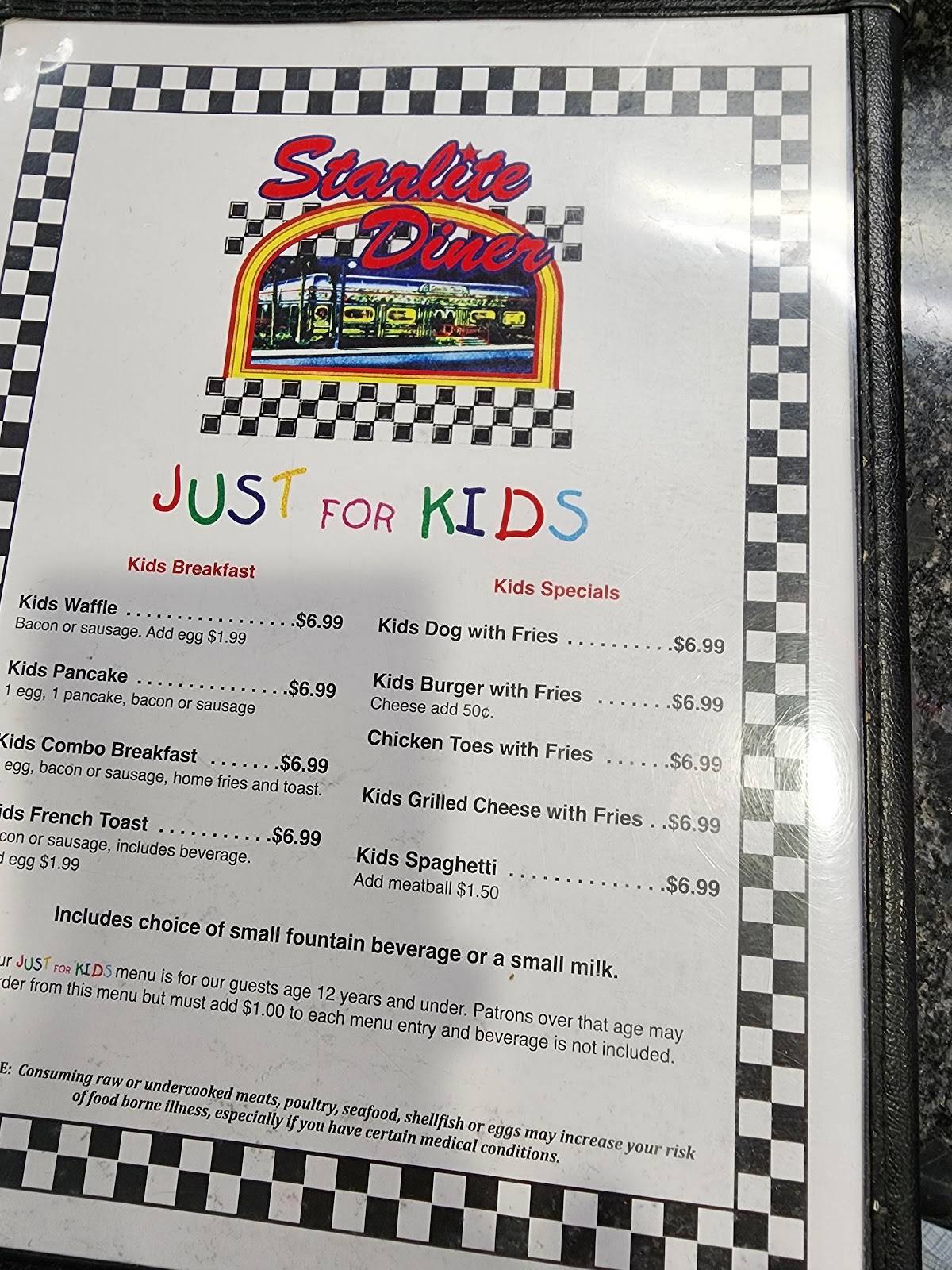 Menu at Starlite Diner restaurant, Daytona Beach