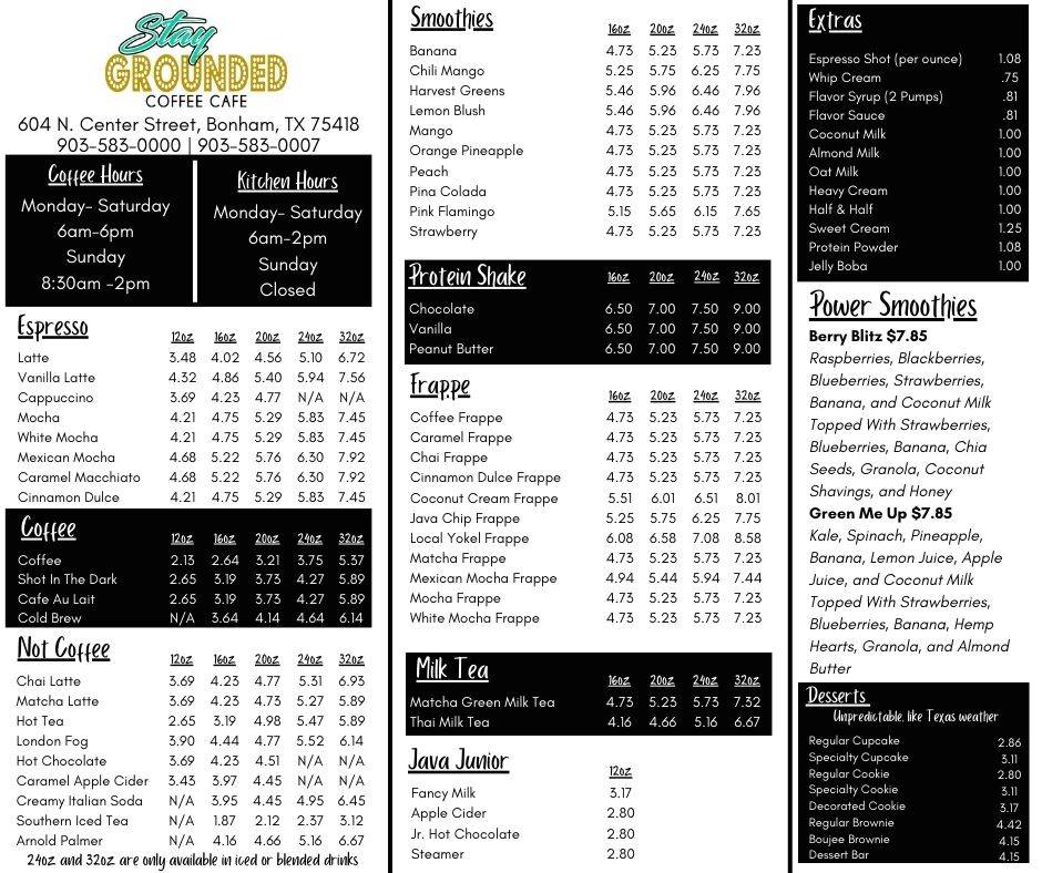 Menu at Stay Grounded Coffee Cafe, Bonham