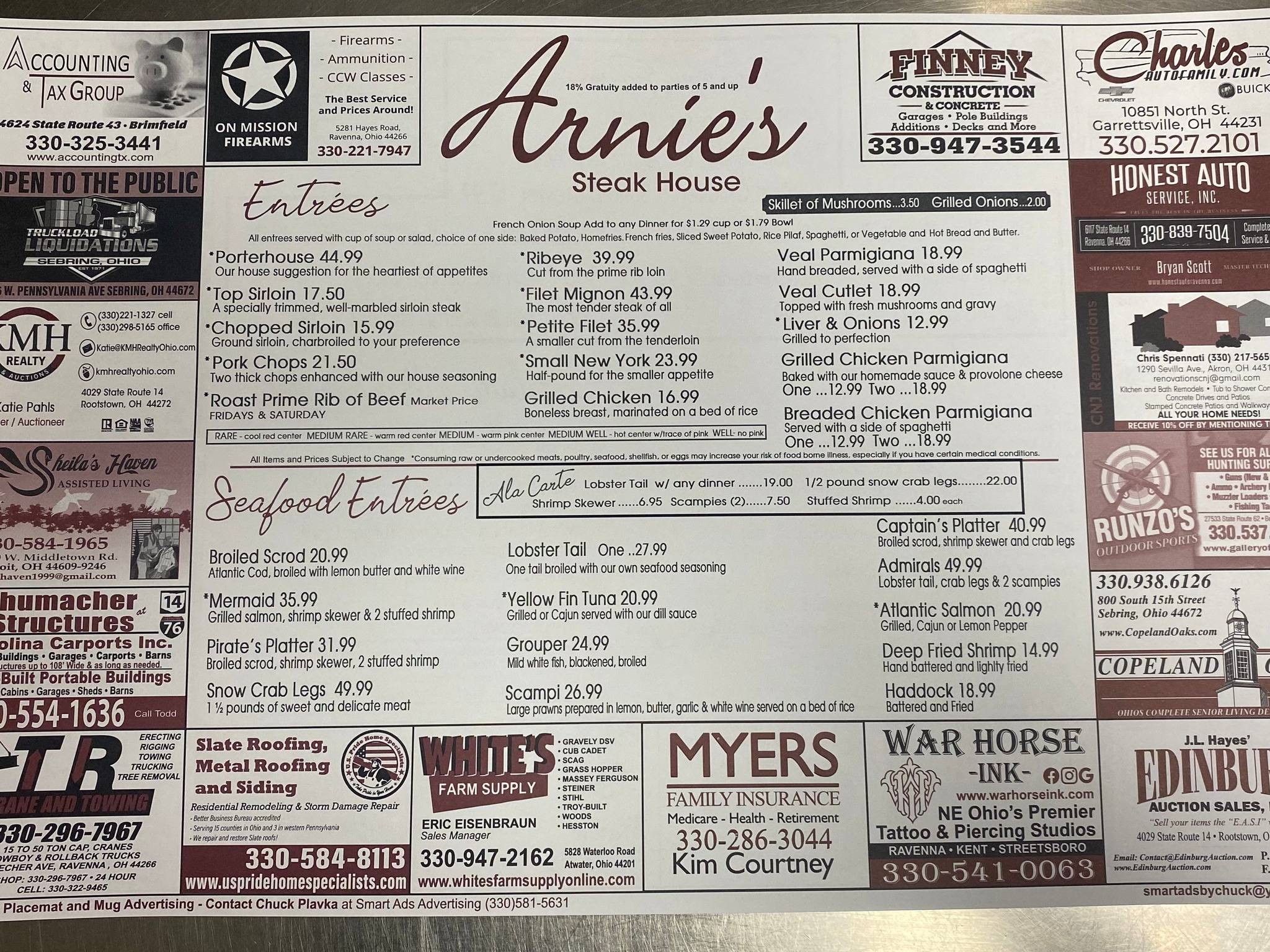 Menu at Arnie's West Branch Steak House steakhouse, Ravenna