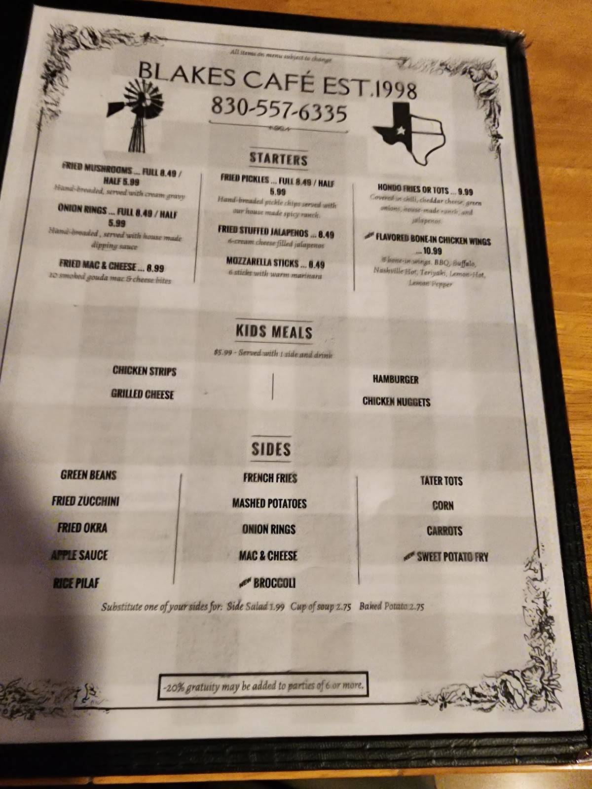 Menu at Blake's Cafe, McQueeney