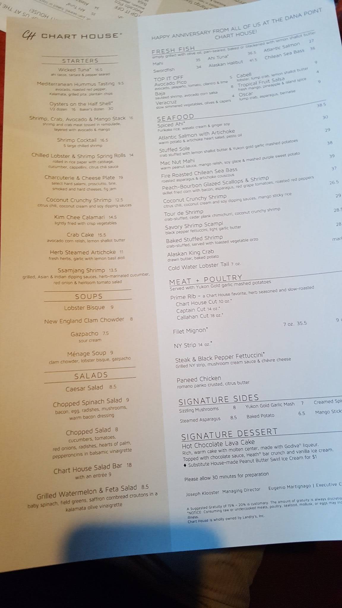 Menu at Chart House steakhouse, Dana Point