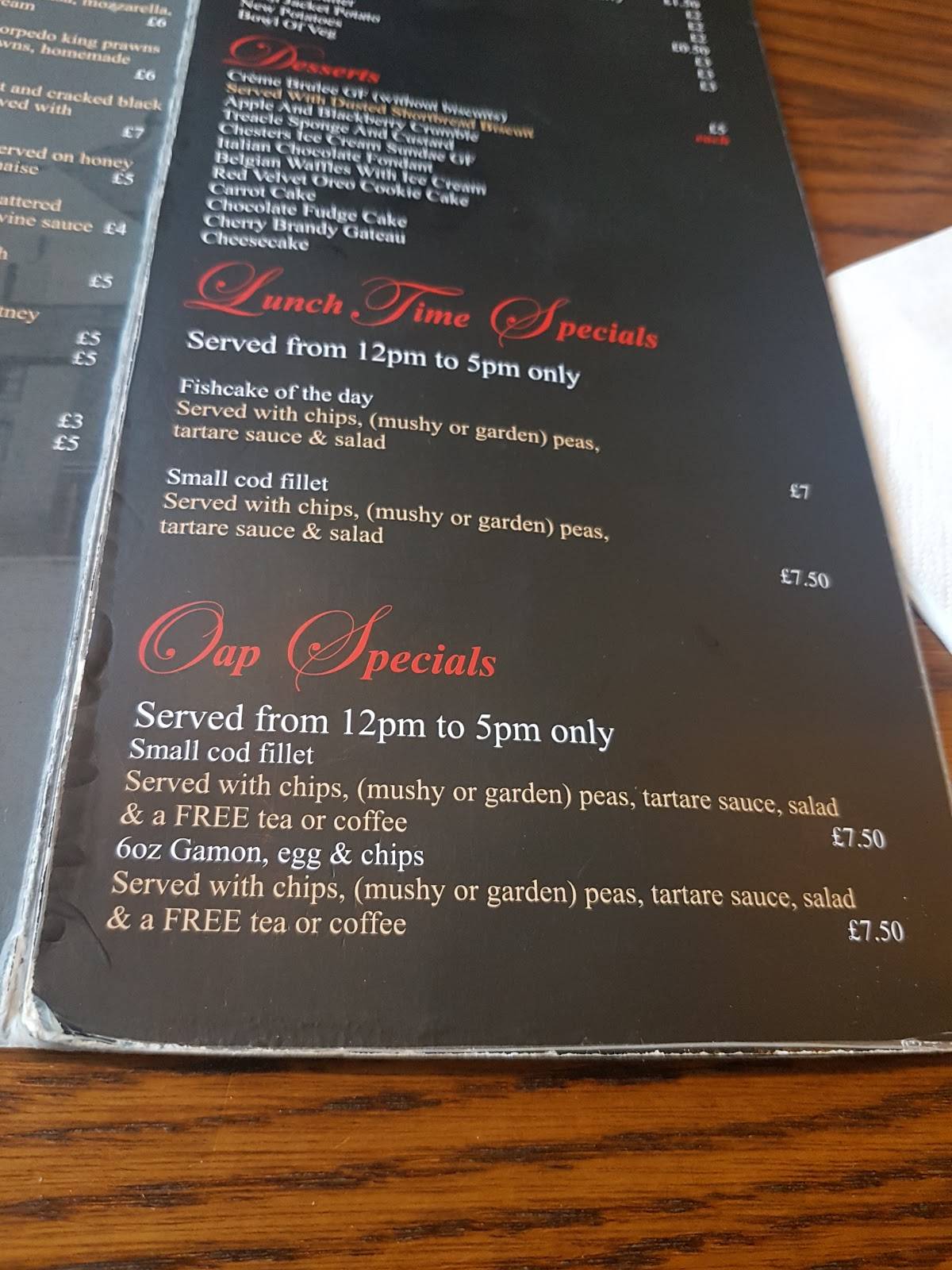 Menu at Chesters restaurant, Chesterfield, 151 Sheffield Rd