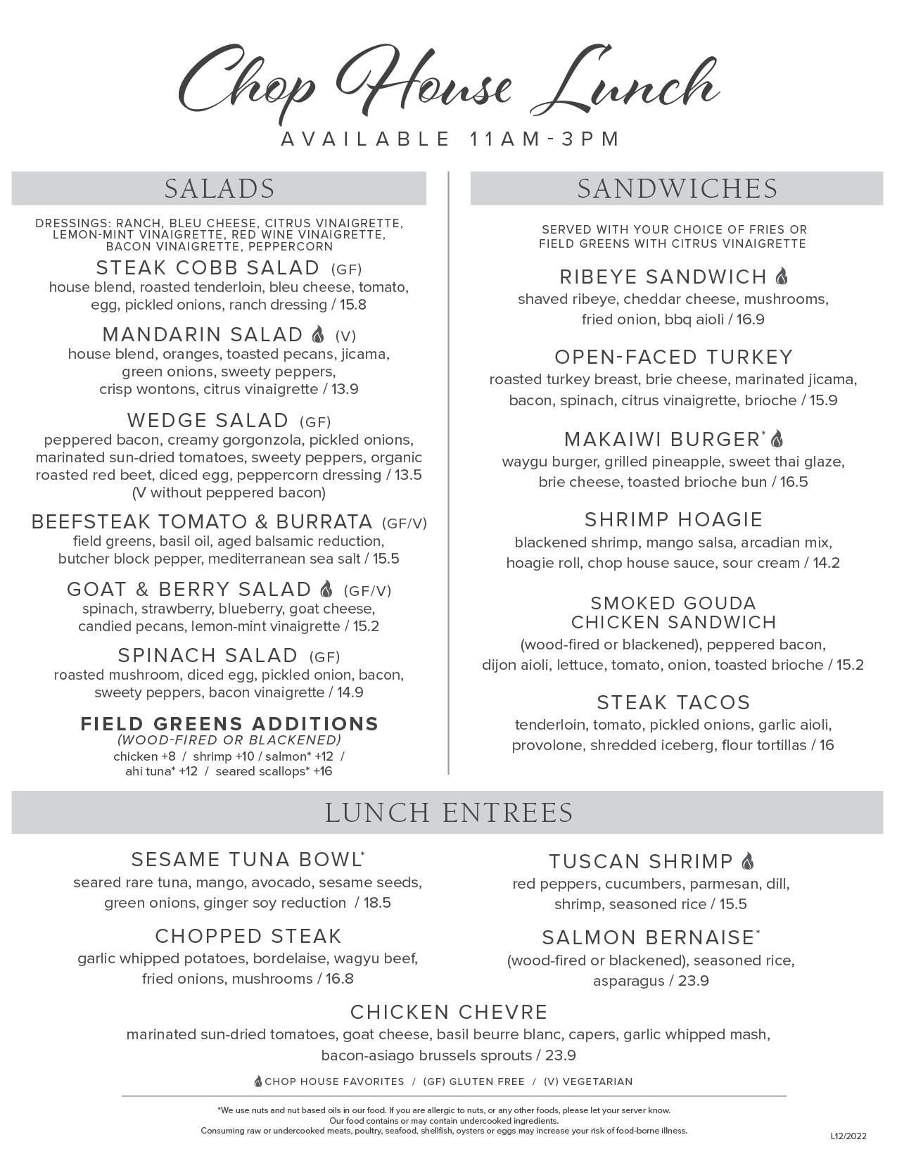 Menu at Chop House at Lake Sumter steakhouse, The Villages