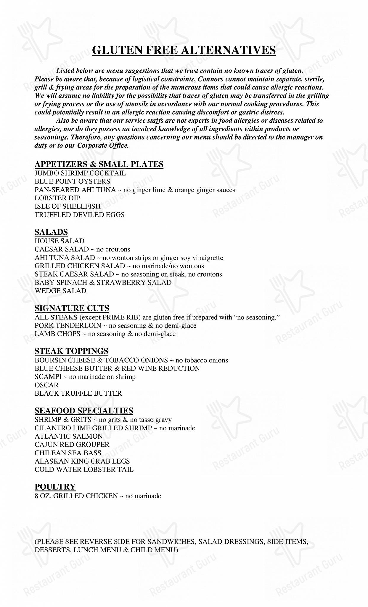 Menu at Connors Steak & Seafood steakhouse, Sarasota
