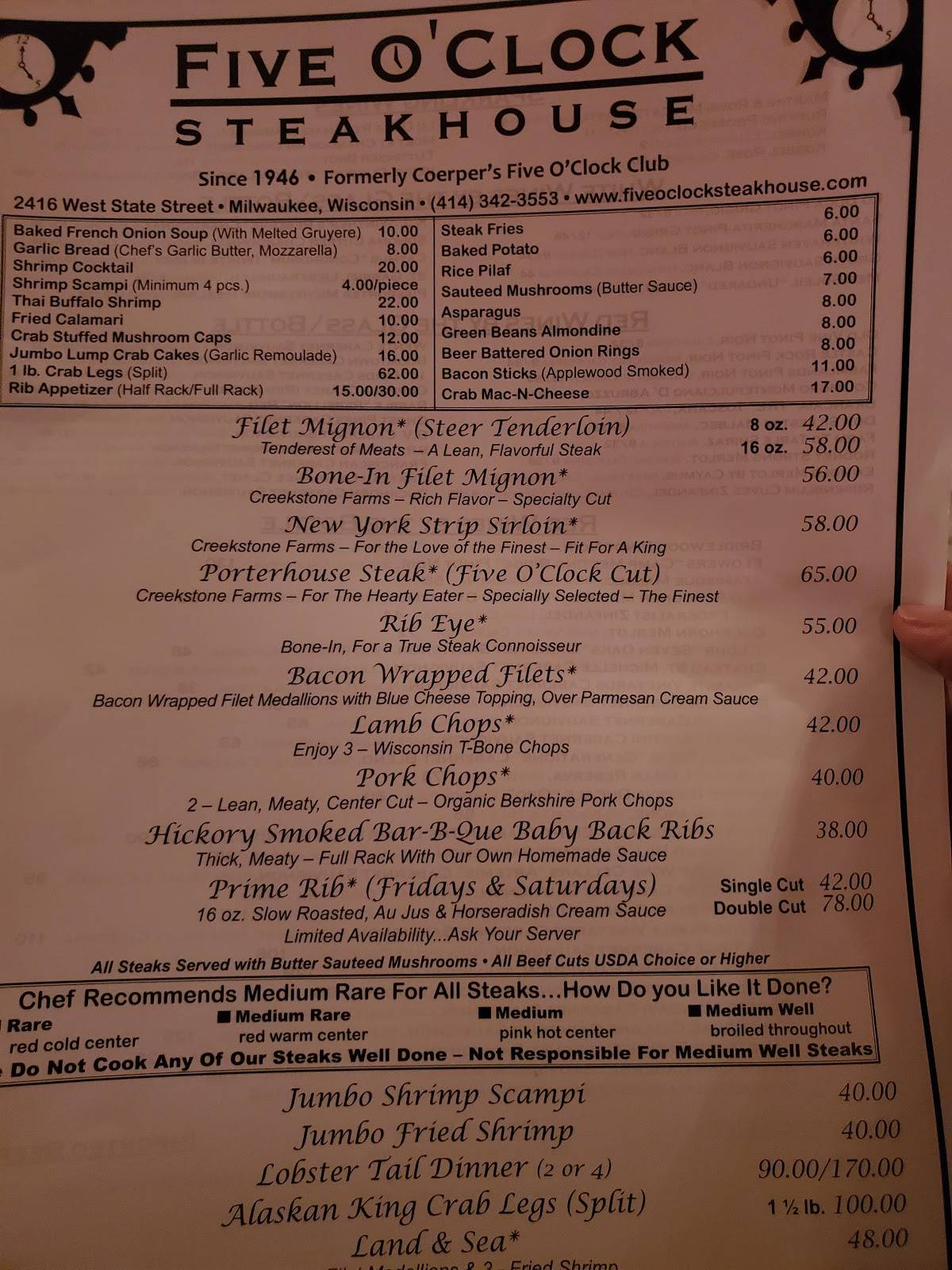 Menu at Five O'Clock Steakhouse, Milwaukee