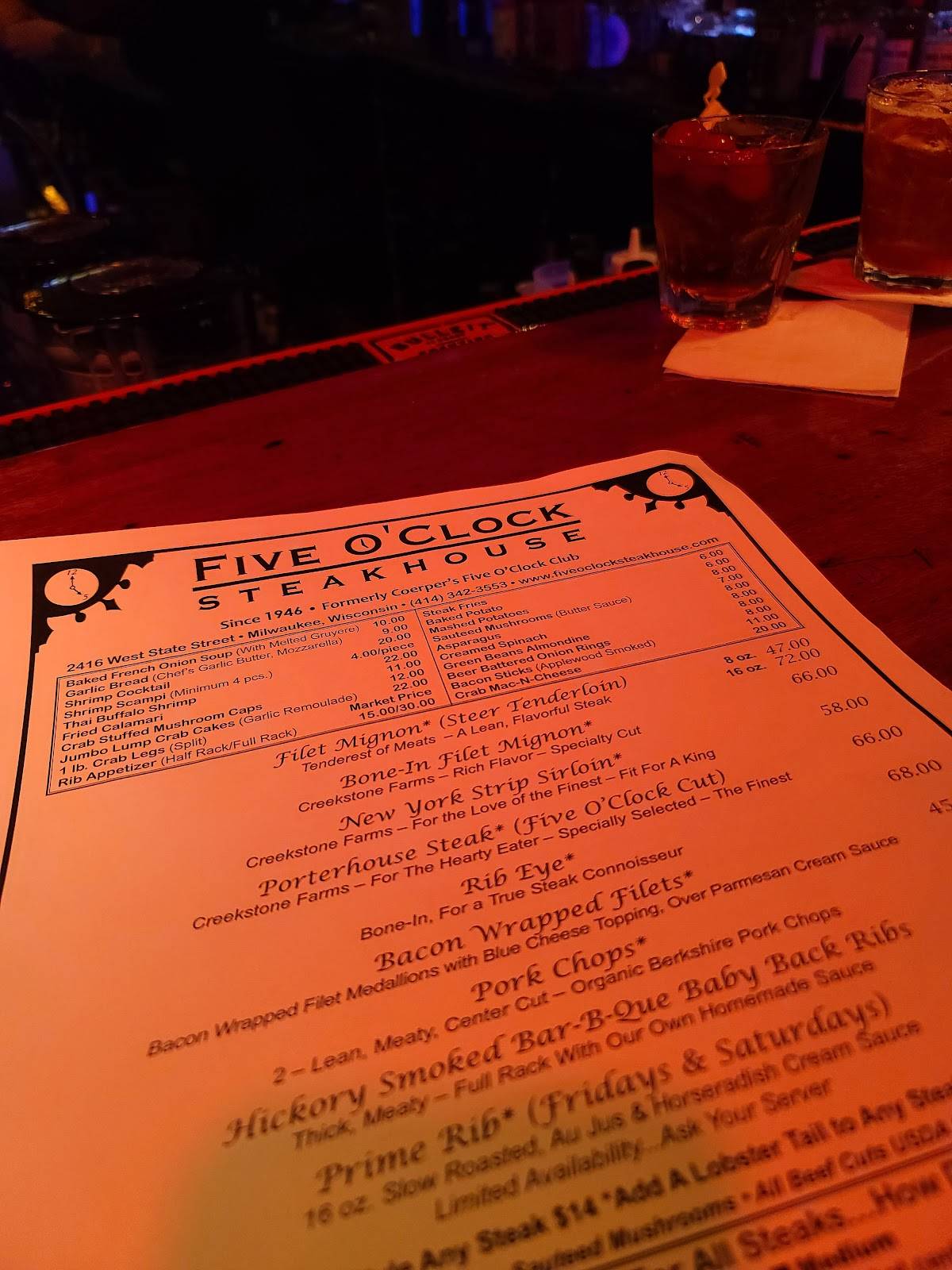Menu at Five O'Clock Steakhouse, Milwaukee
