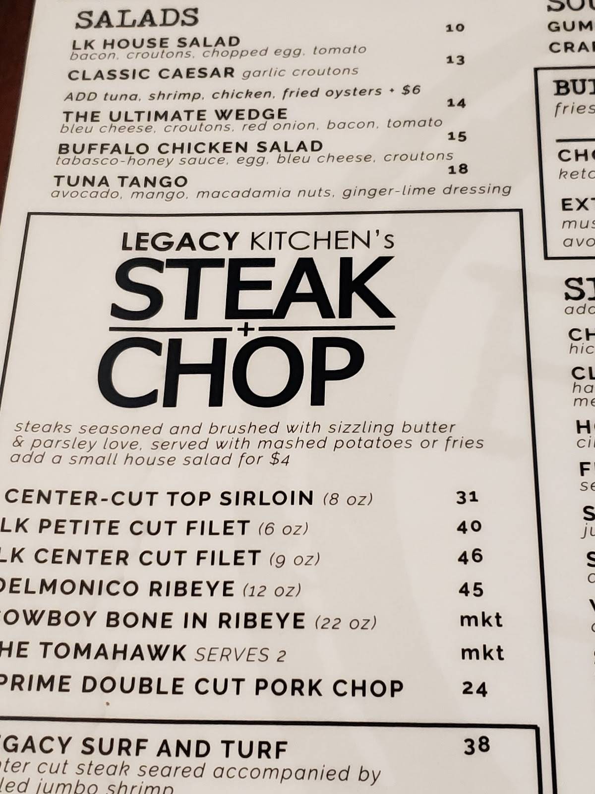 Menu at Legacy Kitchen's Steak and Chop steakhouse, Gretna, 91 Westbank ...