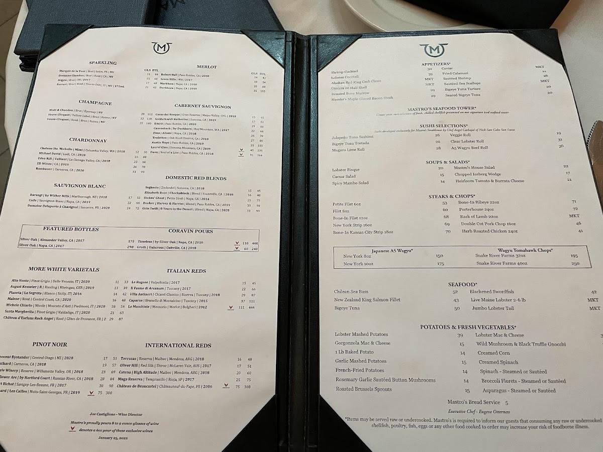 Menu at Mastro's Ocean Club, Las Vegas