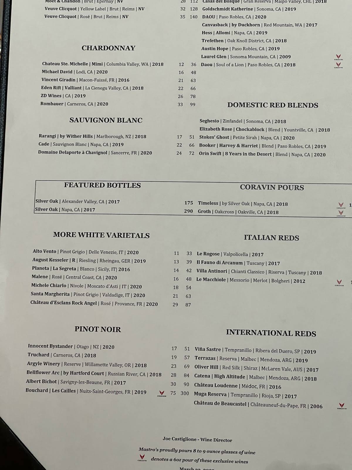 Menu at Mastro's Ocean Club, Las Vegas
