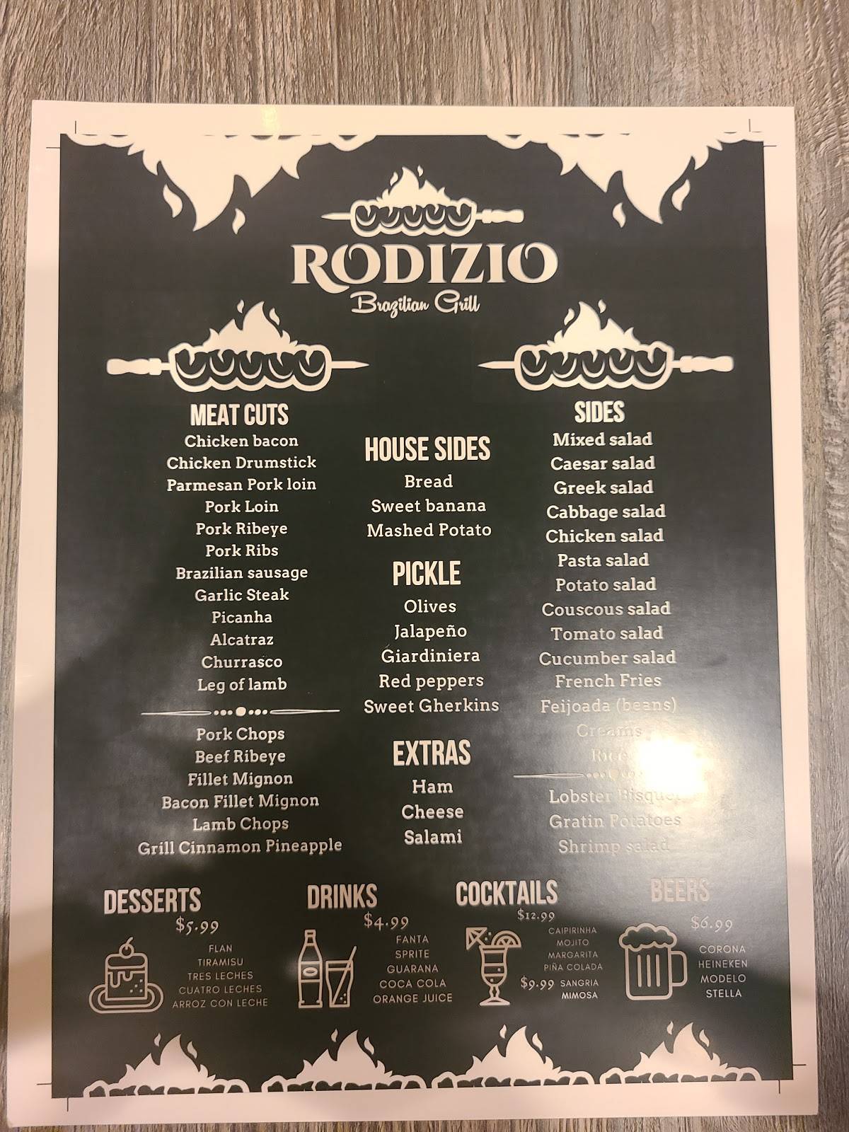Menu at Miami to Brazil Rodizio steakhouse, Kendall West