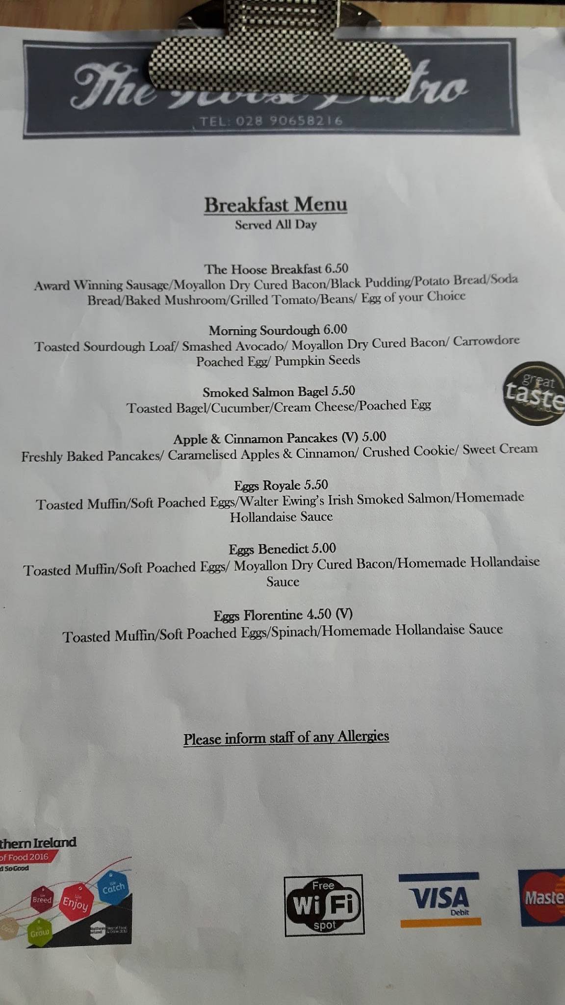 Menu at The Hoose Bistro restaurant, Belfast