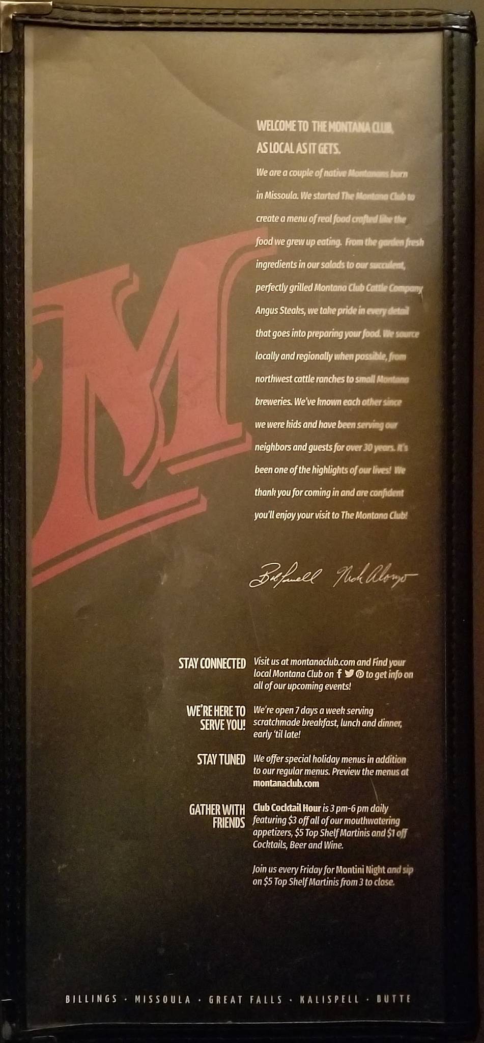 Menu at The Montana Club Restaurant, Great Falls