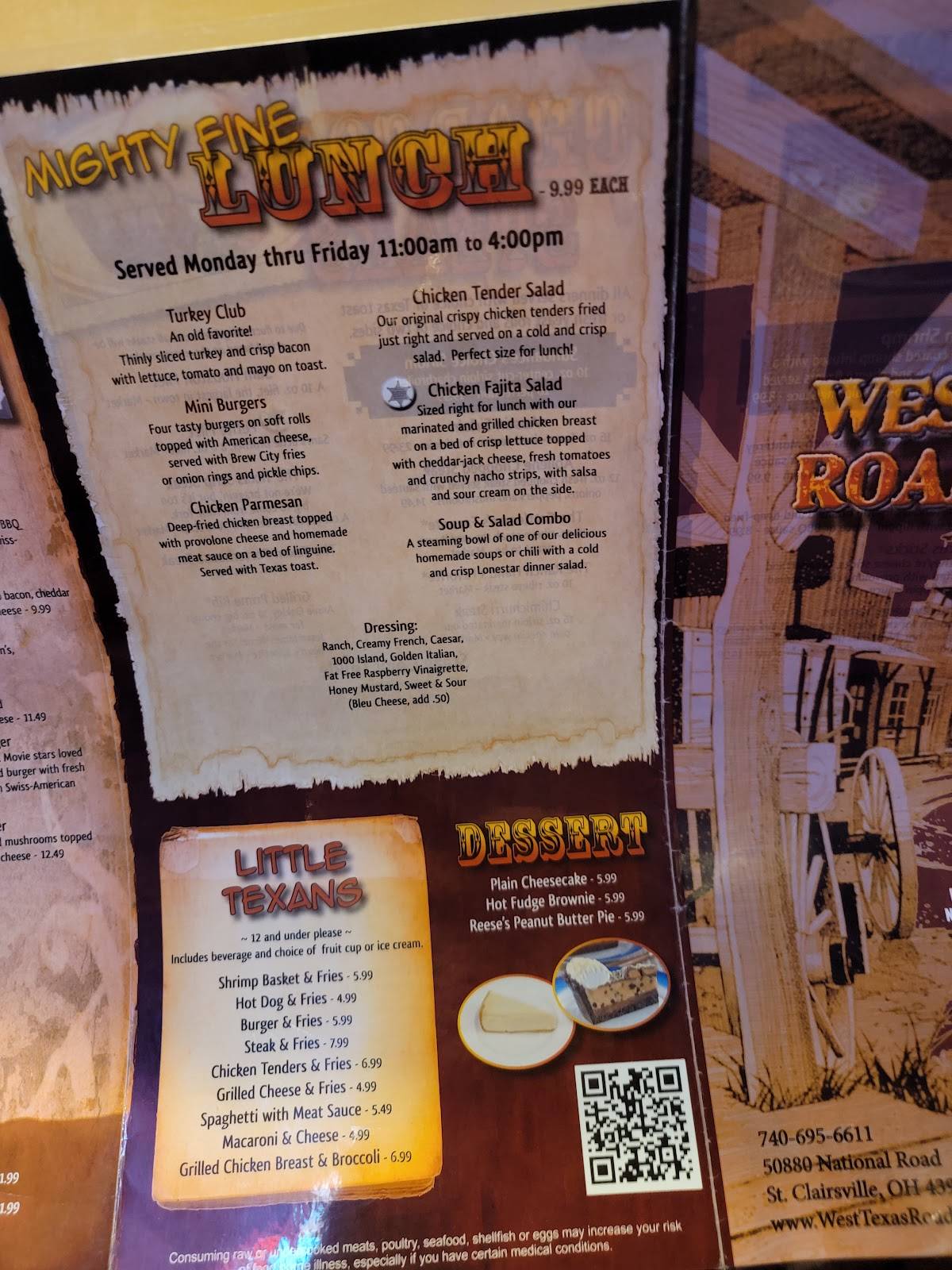 Menu at West Texas Roadhouse steakhouse, Saint Clairsville