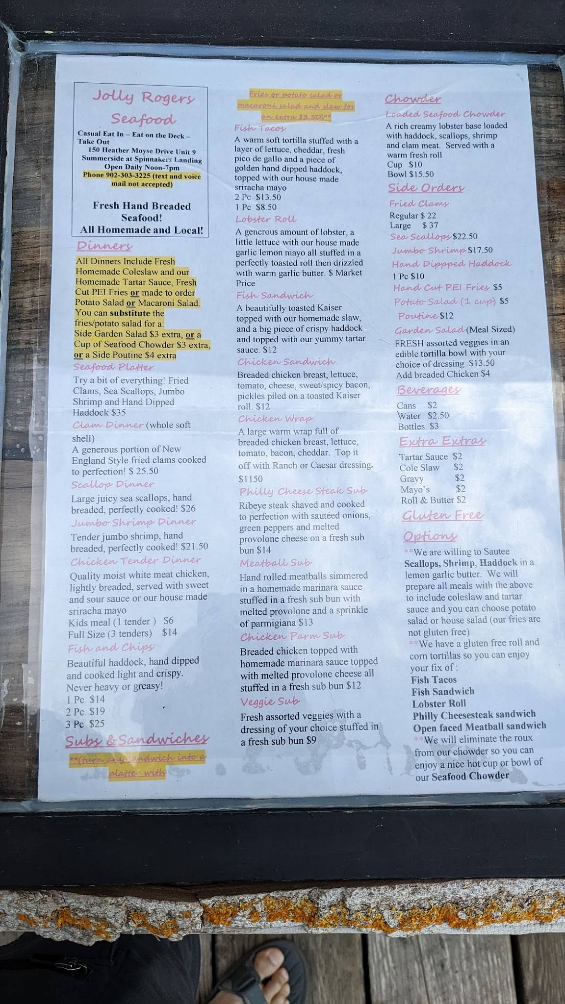 Menu at Jolly Rogers Seafood restaurant, Summerside