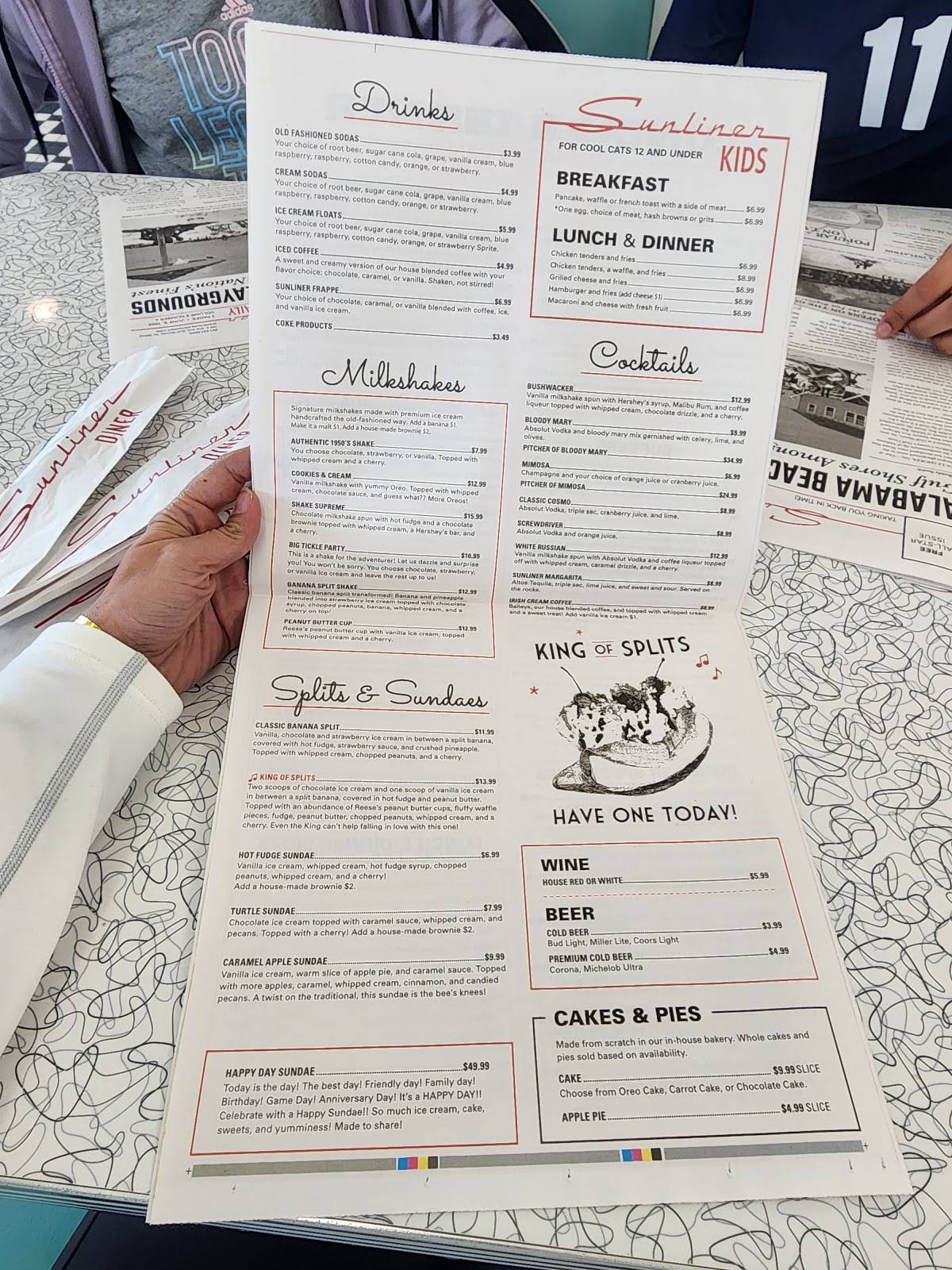 Menu at Sunliner Diner restaurant, Gulf Shores