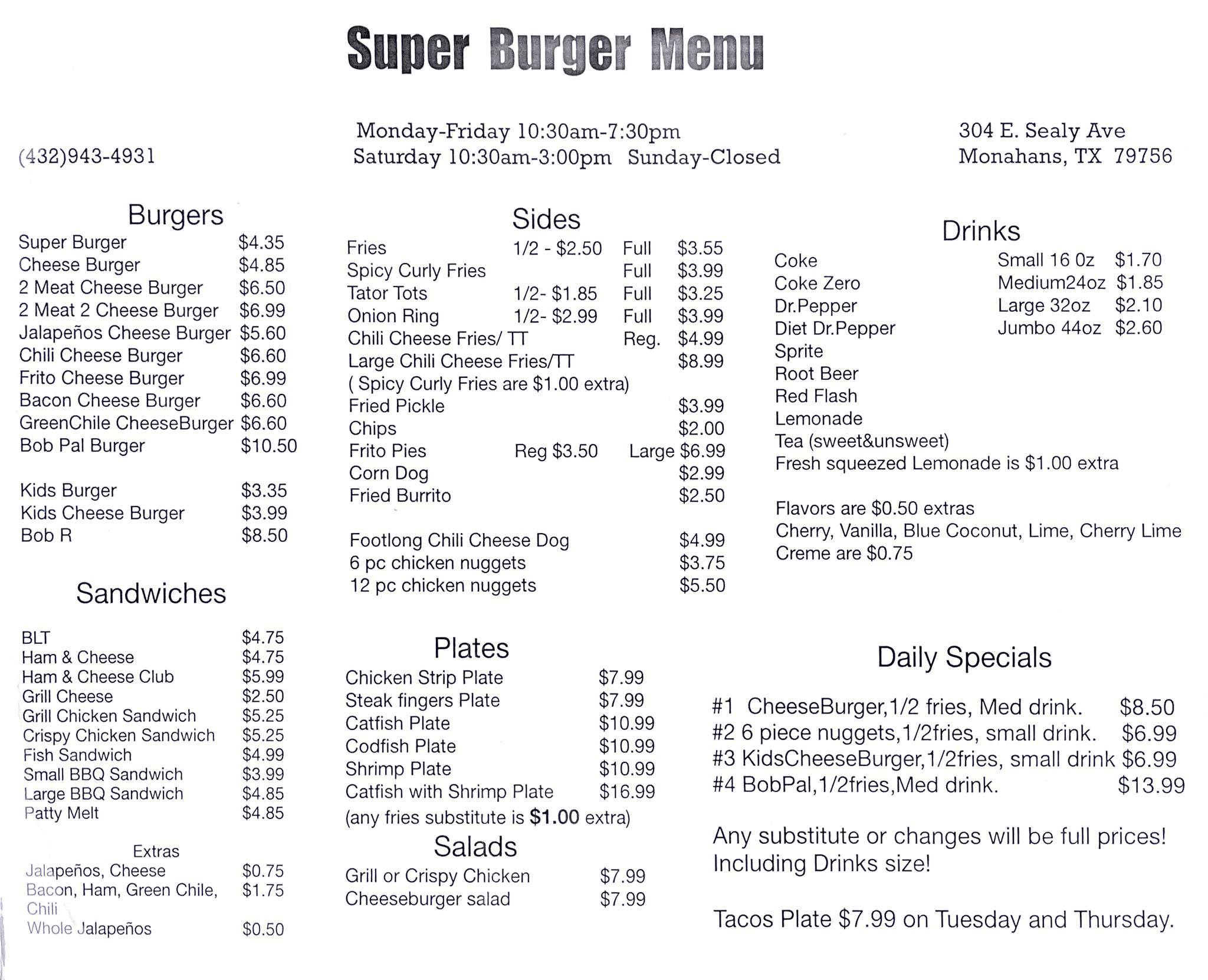 Menu at Super Burger restaurant, Monahans, 304 E Sealy Ave