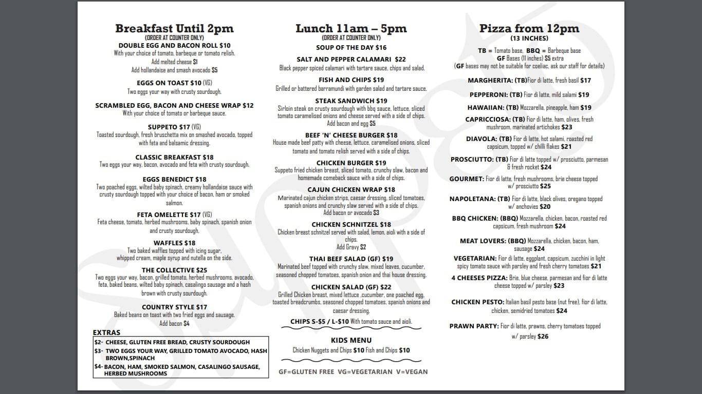 Menu at Suppetó Collective cafe, Jerrabomberra