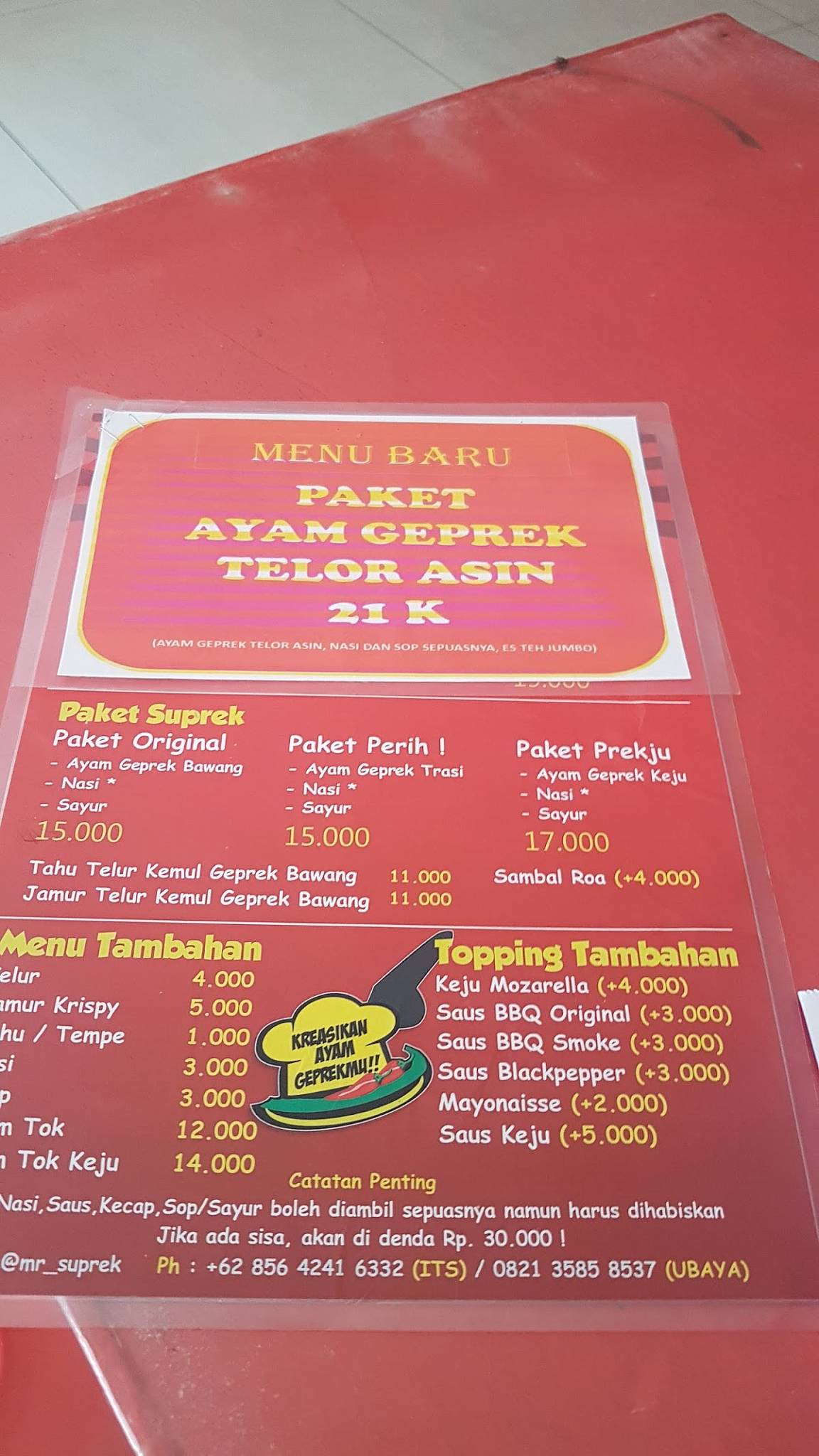 Carta del restaurante Ayam Geprek Mr Suprek Ubaya, Surabaya