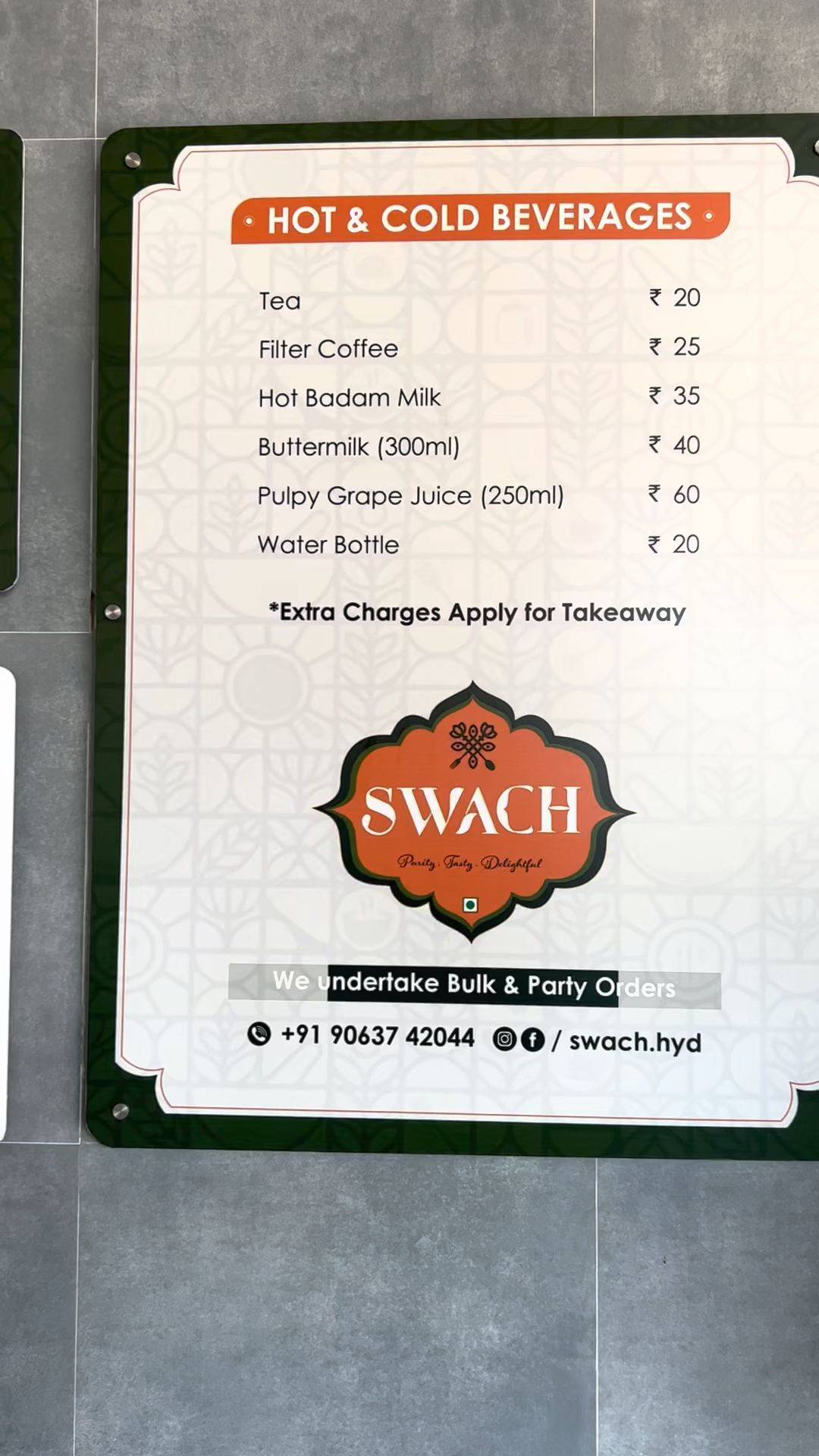 Menu at Swach Restaurant, Hyderabad
