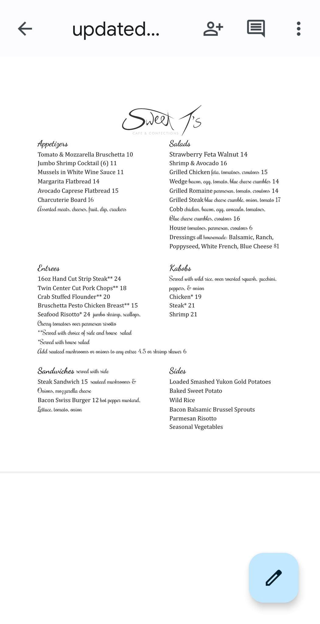 Menu at Sweet T's Cafe and Confections, Massillon
