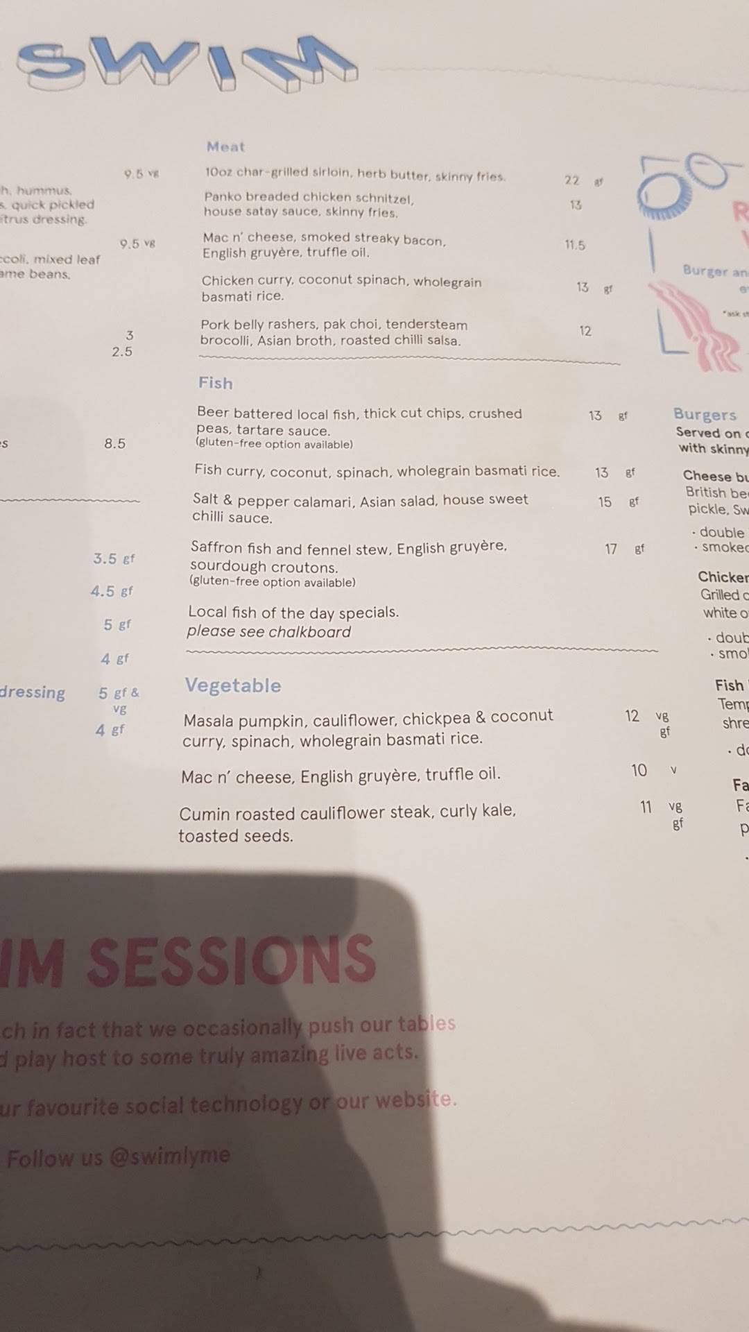 Menu at Swim restaurant, Lyme Regis
