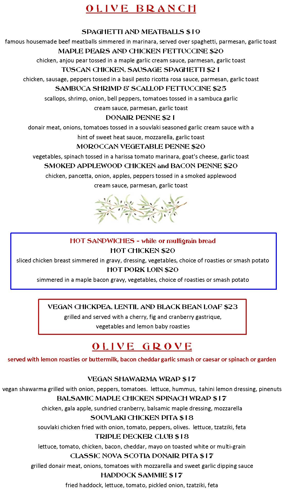 Menu at The Olive Tree restaurant, Sydney
