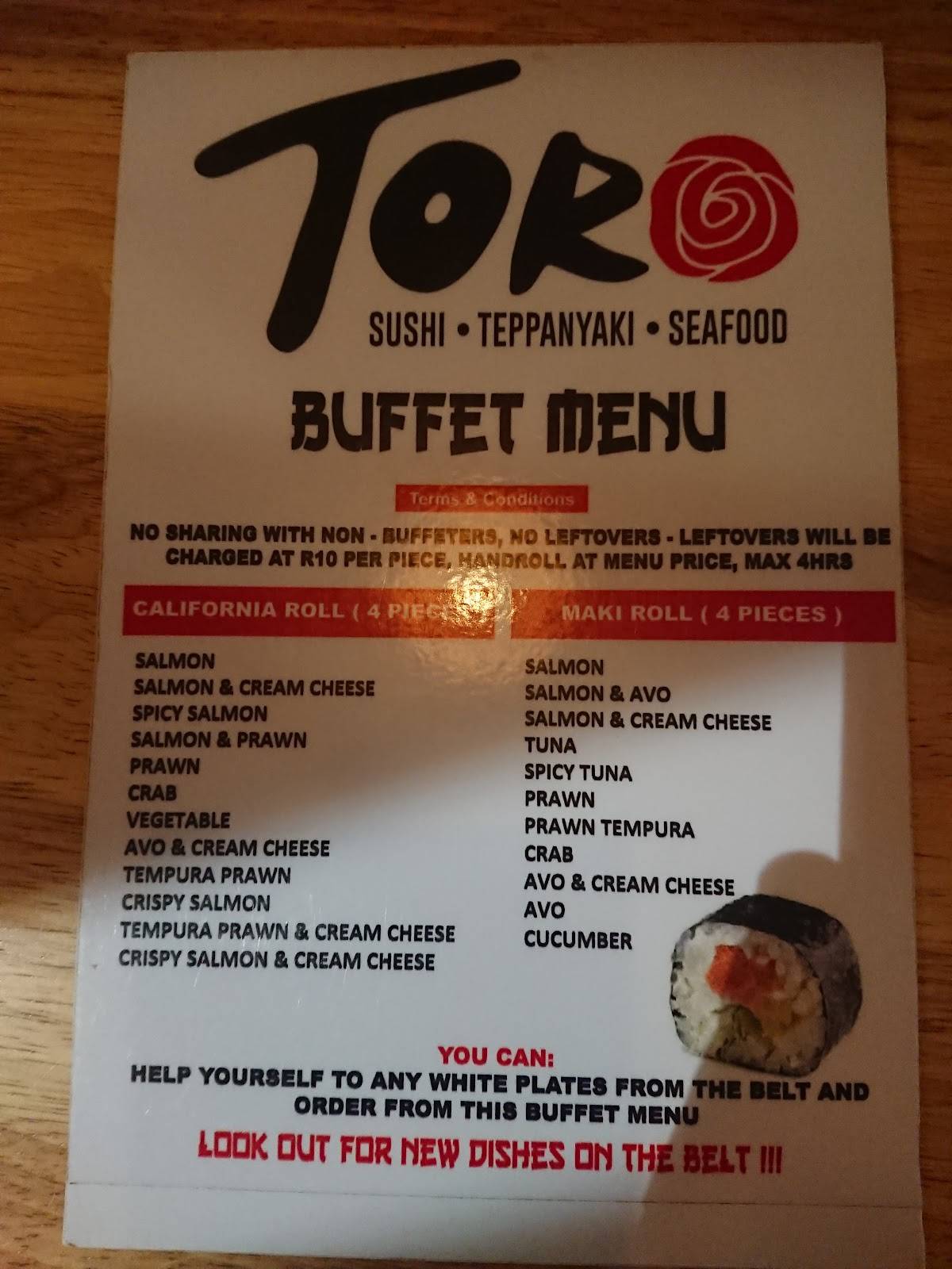 Menu at TORO Sushi, Teppanyaki & Seafood restaurant, Port Elizabeth
