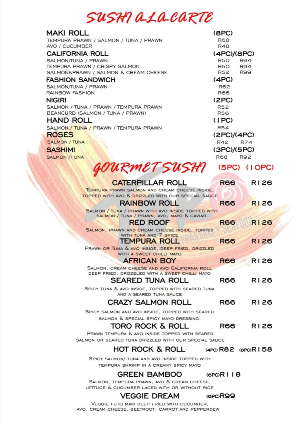 Menu at TORO Sushi, Teppanyaki & Seafood restaurant, Port Elizabeth