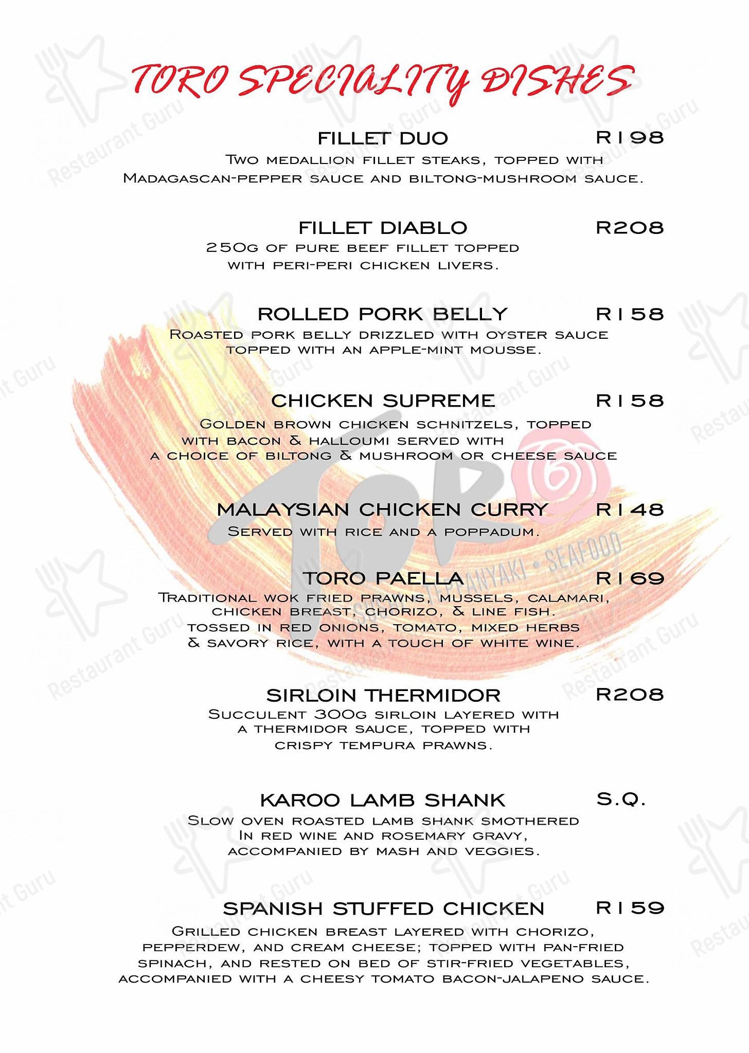 Menu at TORO Sushi, Teppanyaki & Seafood restaurant, Port Elizabeth