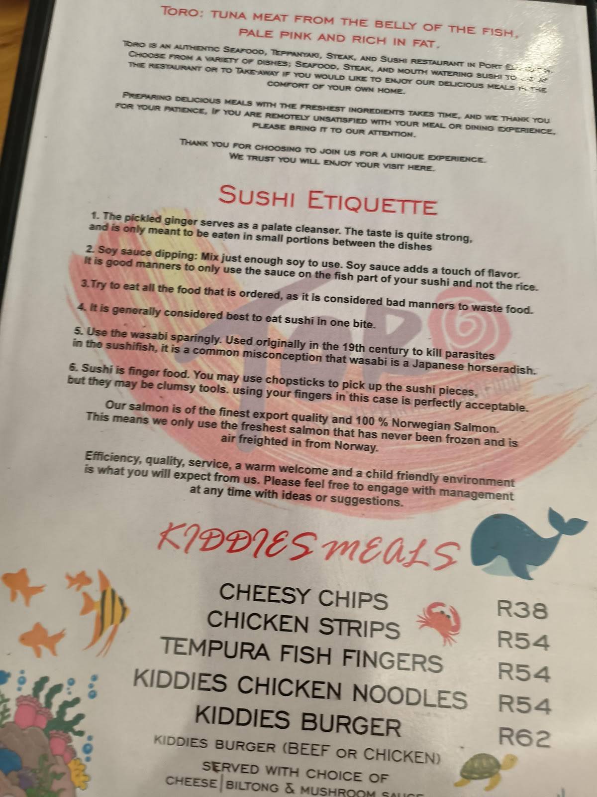 Menu at TORO Sushi, Teppanyaki & Seafood restaurant, Port Elizabeth