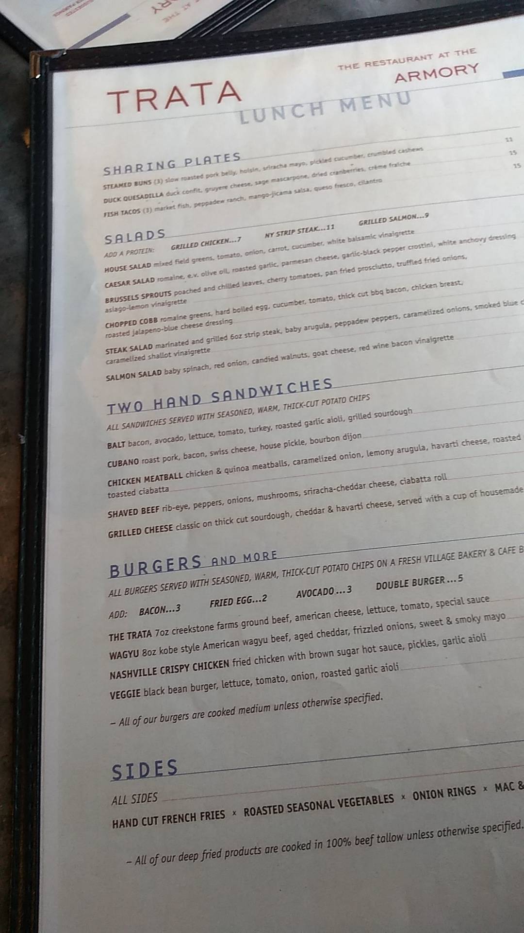 Menu at TRATA: The Restaurant At The Armory, Rochester